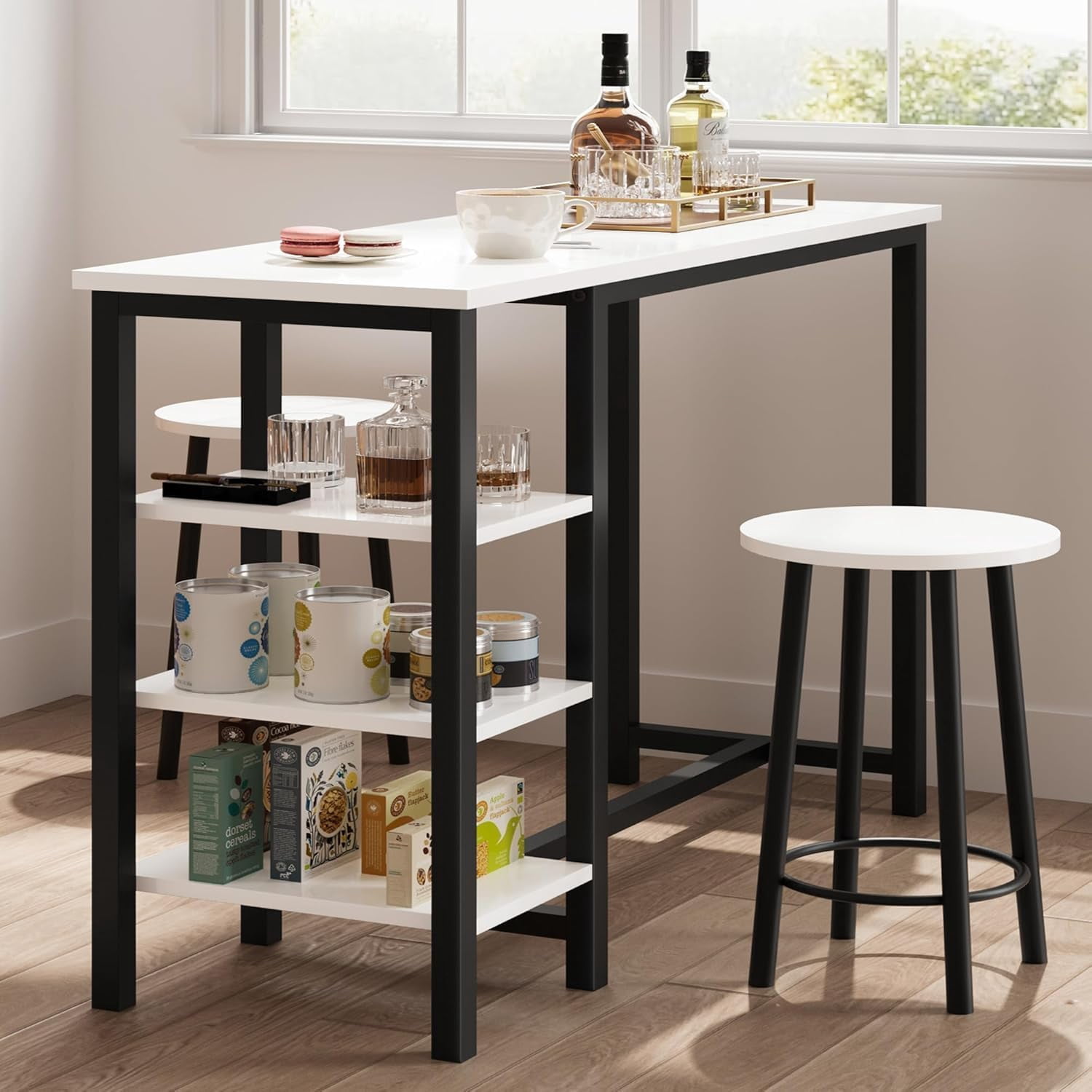 Bar Table with 2 stools, Counter Height Dining Table with 3 Storage ...