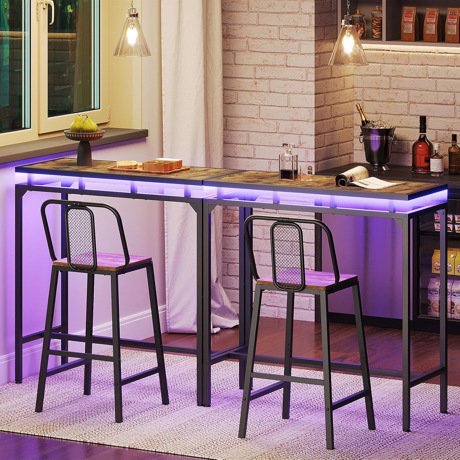 Bar Table with LED Lights, Counter Height Pub Gaming Table, Metal Frame ...