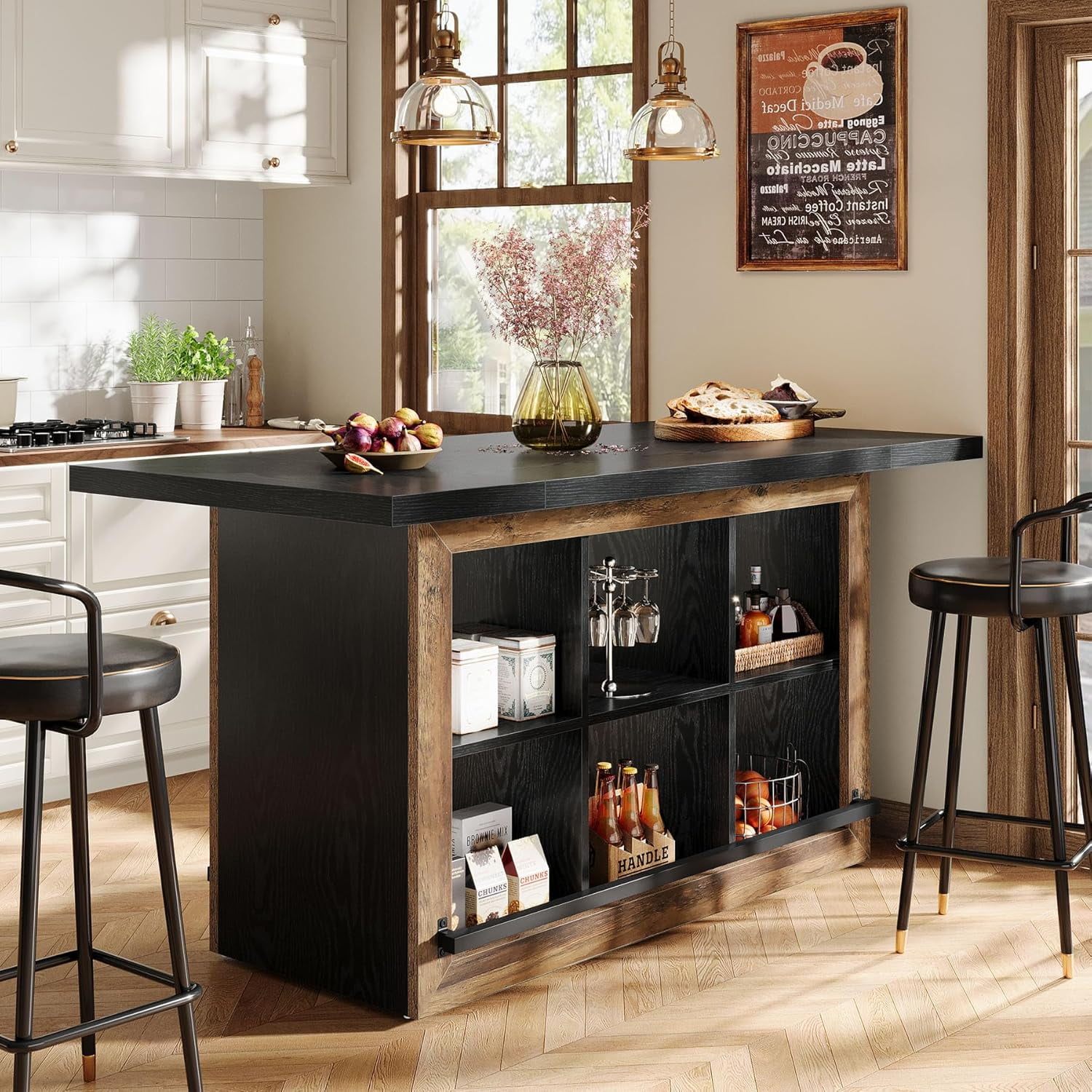 Bar Table with Storage, 62.6" Rectangular Home Bar Cabinet Unit with 6 ...