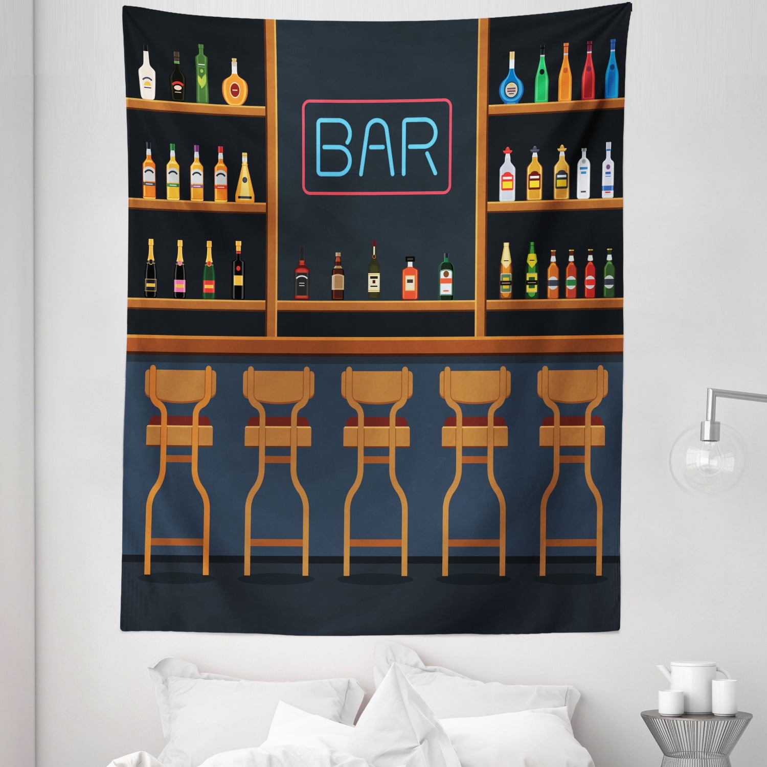Bar Tapestry, Pub Stand with Chairs and Bottles of Alcohol Aligned ...