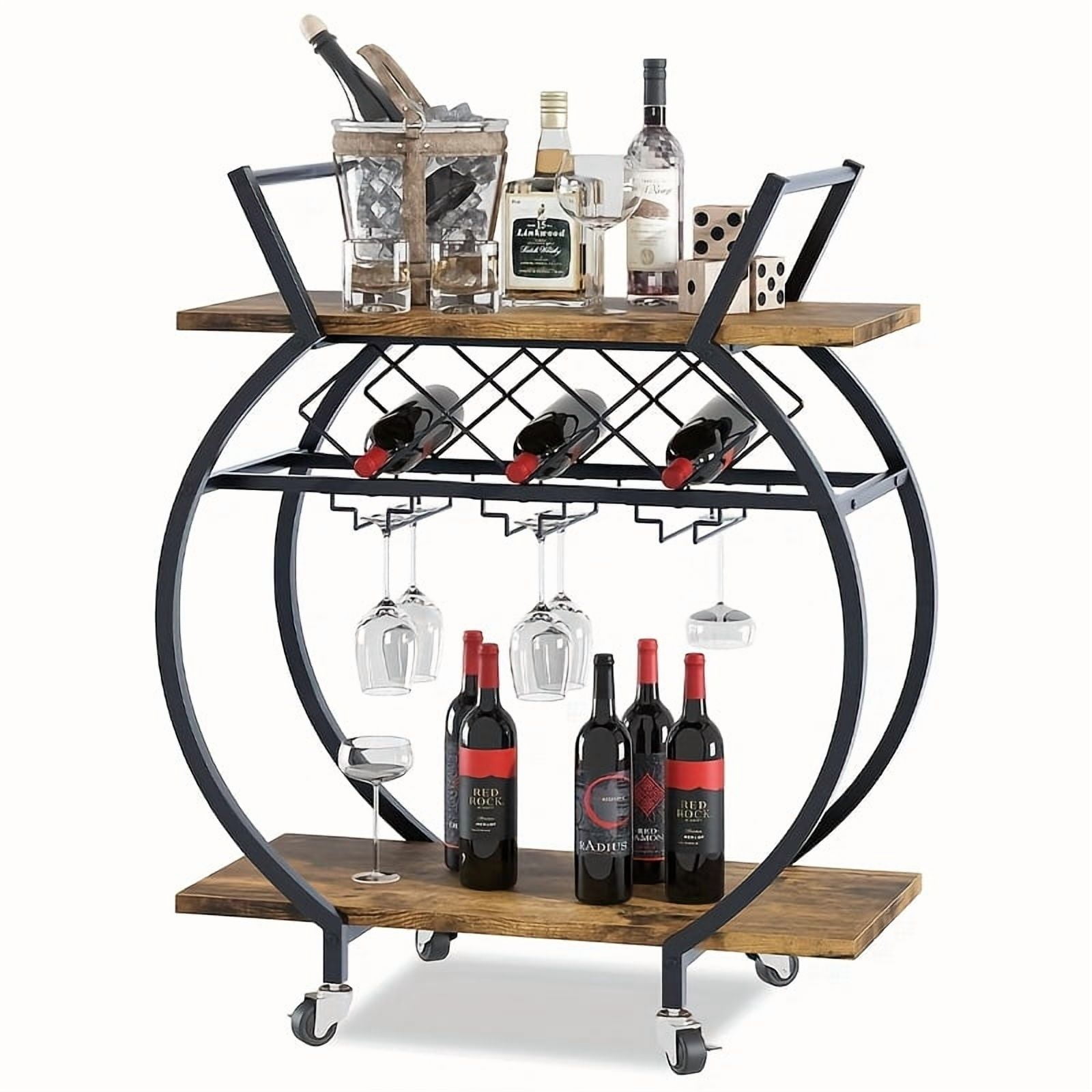 Bar Trolley, Modern Rustic Brown Metal Round Wine Trolley, 2 Tier ...
