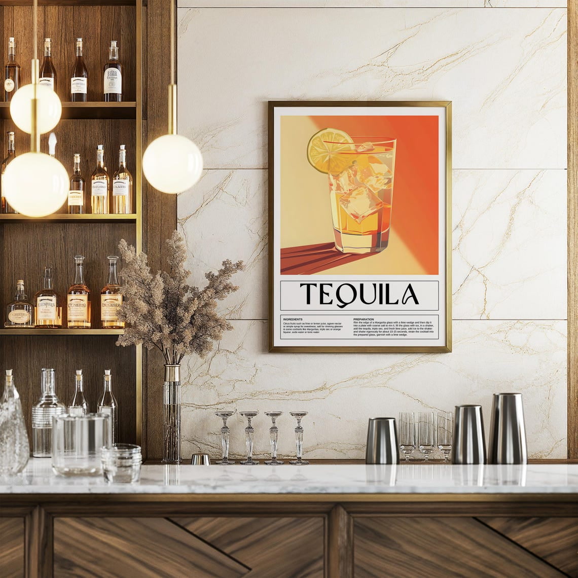 Bar Wall Decor – Tequila Cocktail Art Print, Vibrant Orange Drink ...