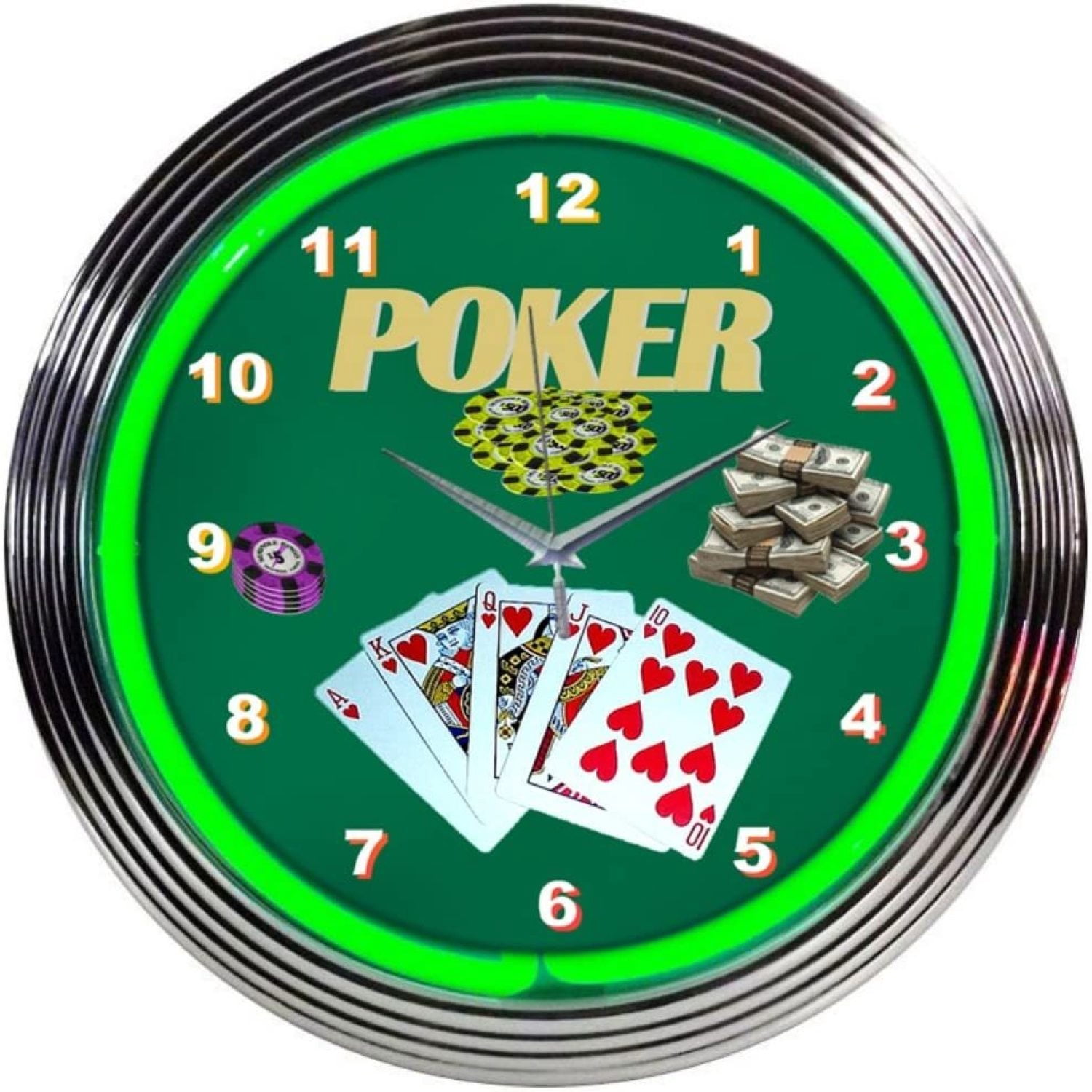 Bar and Game Room Poker Neon Wall Clock 15-Inch, Chrome rim with a ...