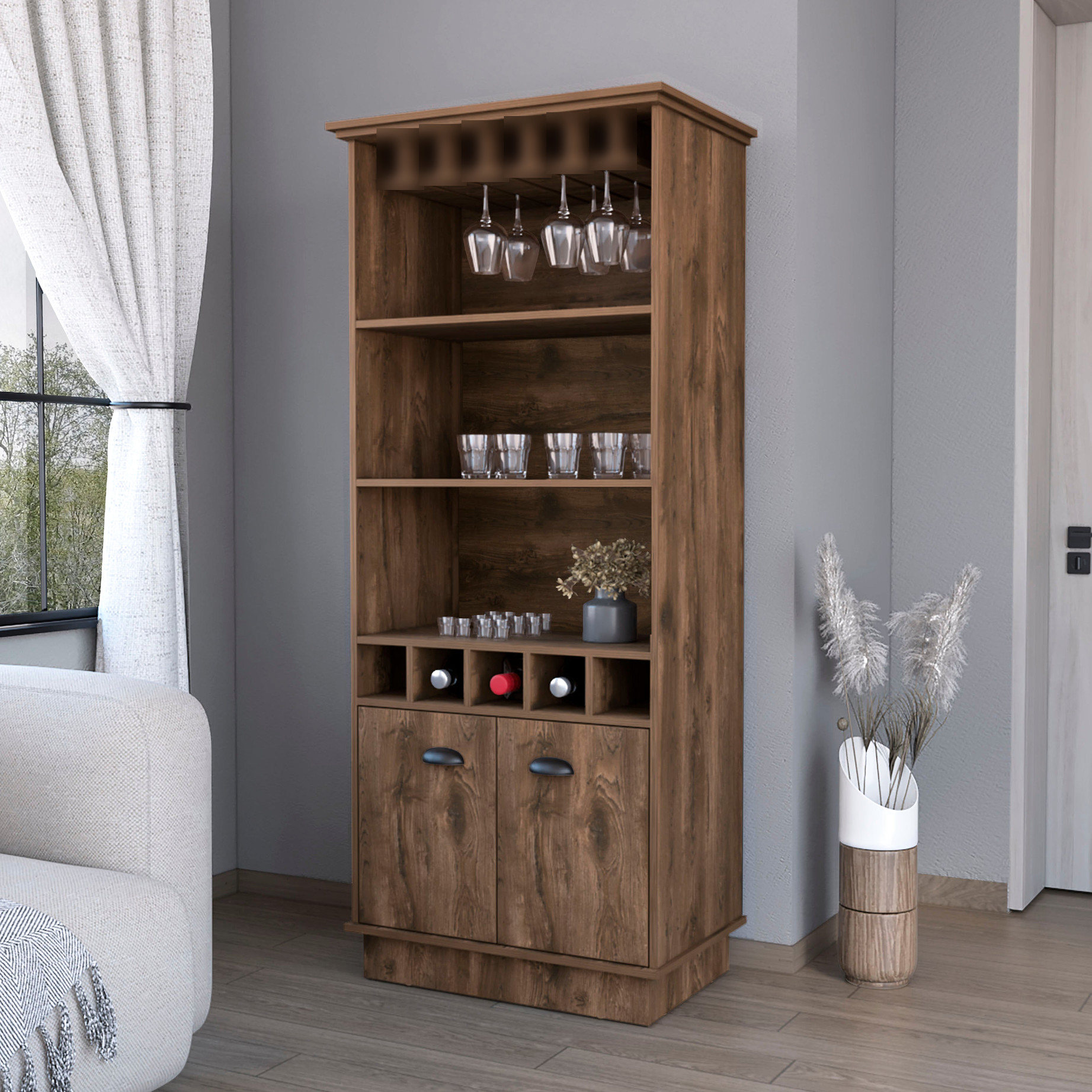 Bar cabinet featuring glassware rack and five bottle racks for bottle ...