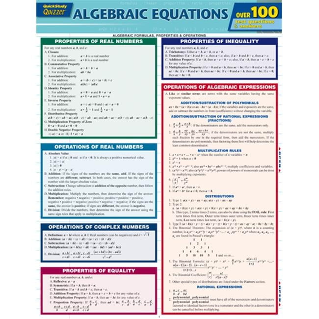BarCharts Algebraic Equations Quizzer Quickstudy Easel - Walmart.com