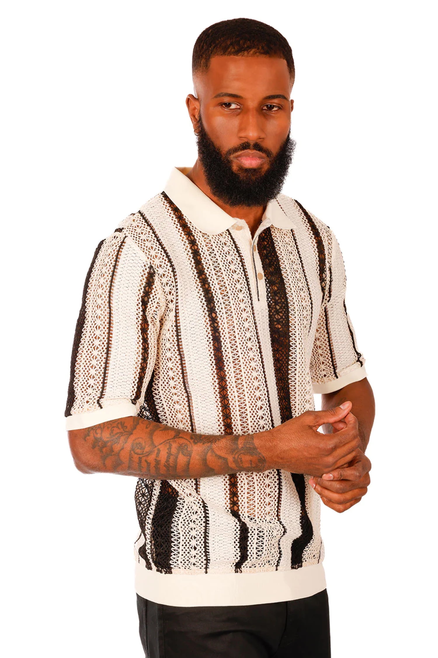 Barabas Men's Crochet Geometric Stripped See Through Polo Shirts 3P20 ...