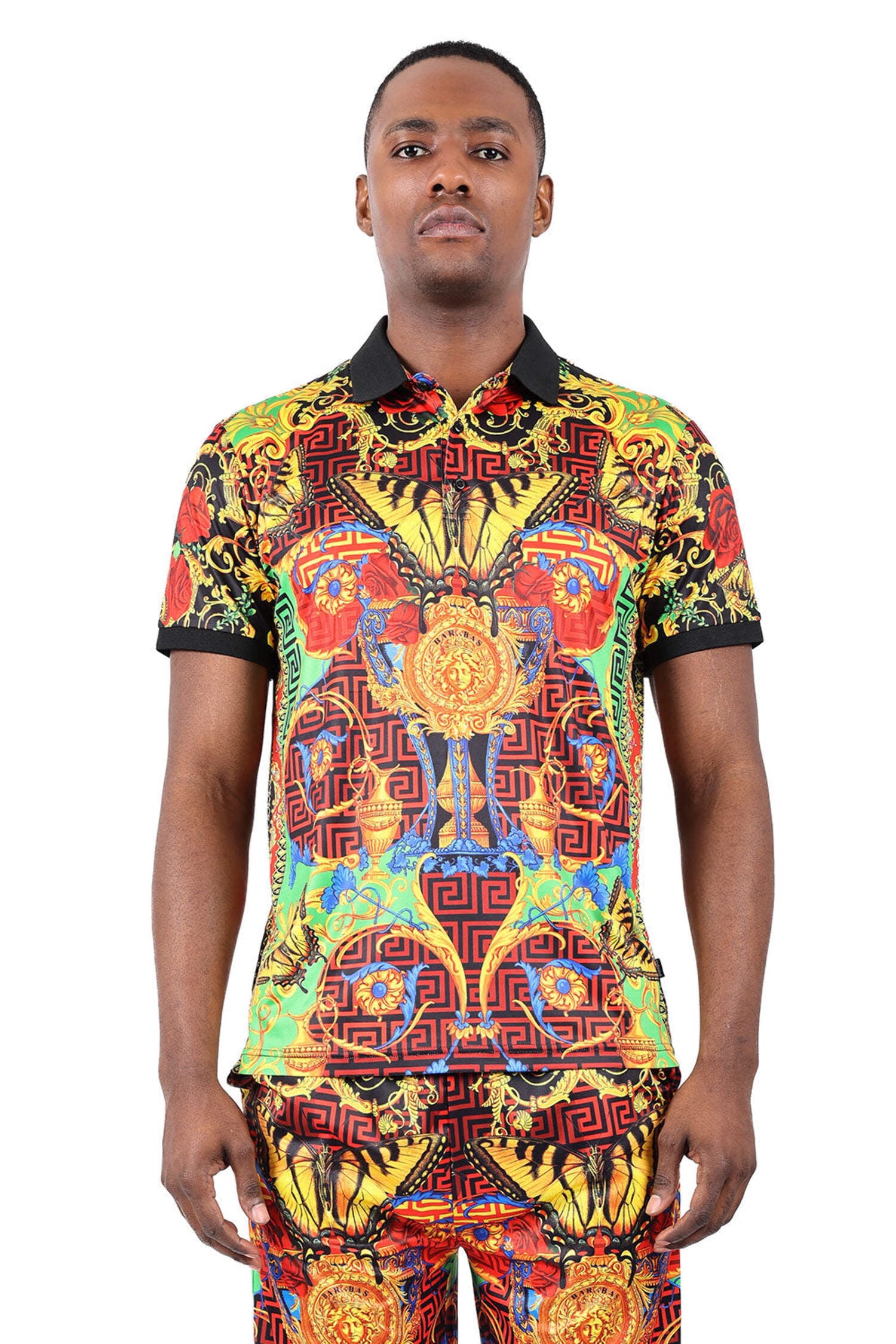 Barabas Men's Medusa Greek Pattern Floral Baroque Polo Shirts 2PSP02 ...