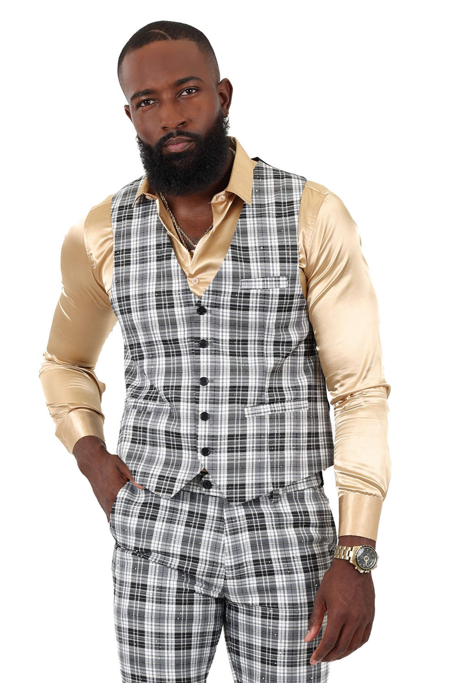 Barabas Men's Rhinestone Plaid Checkered Dress Slim Fit Vests 2VP210 ...