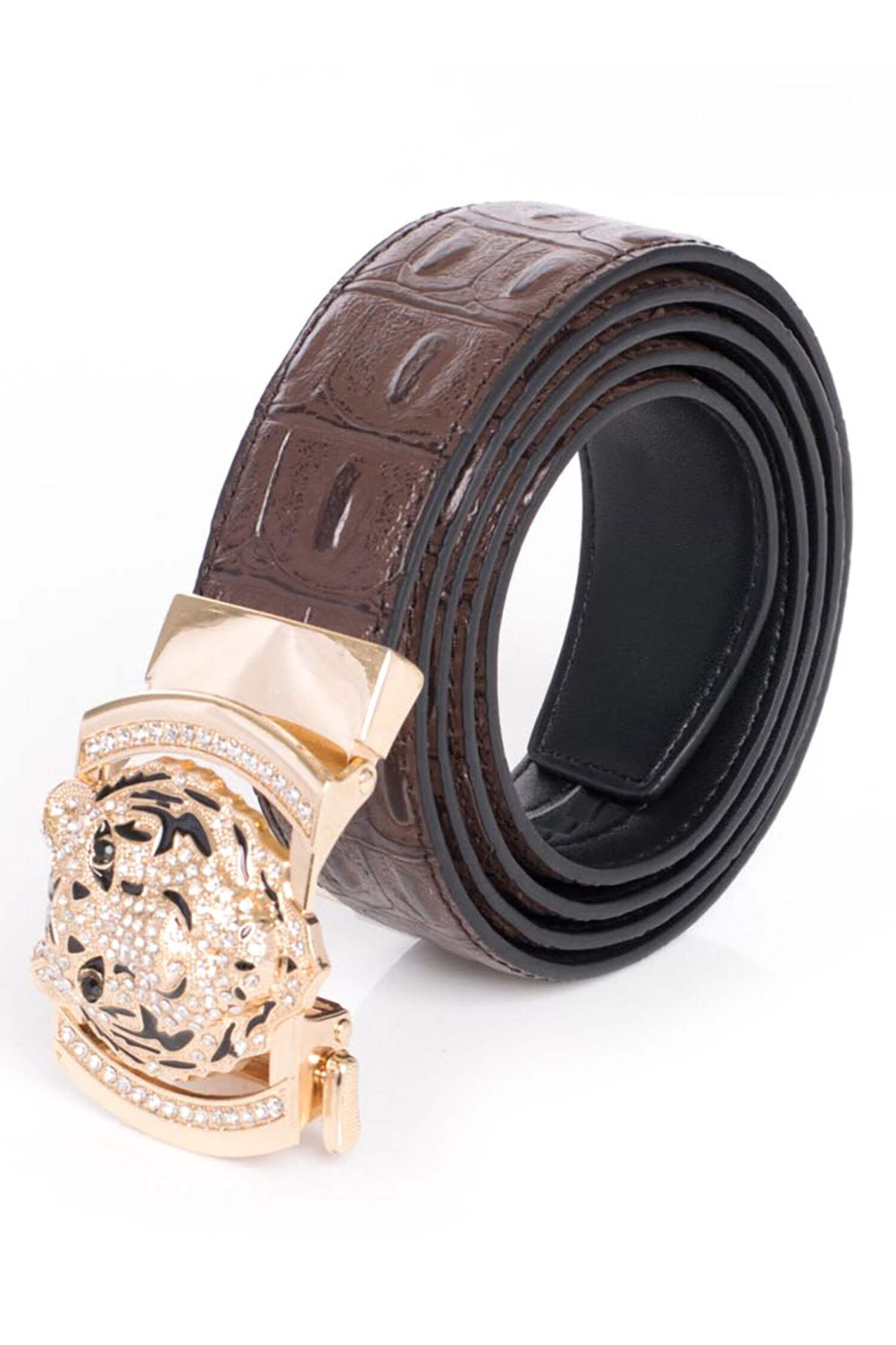Barabas Men's Rhinestone Tiger Black Gold Buckle Leather Belt BK11 ...
