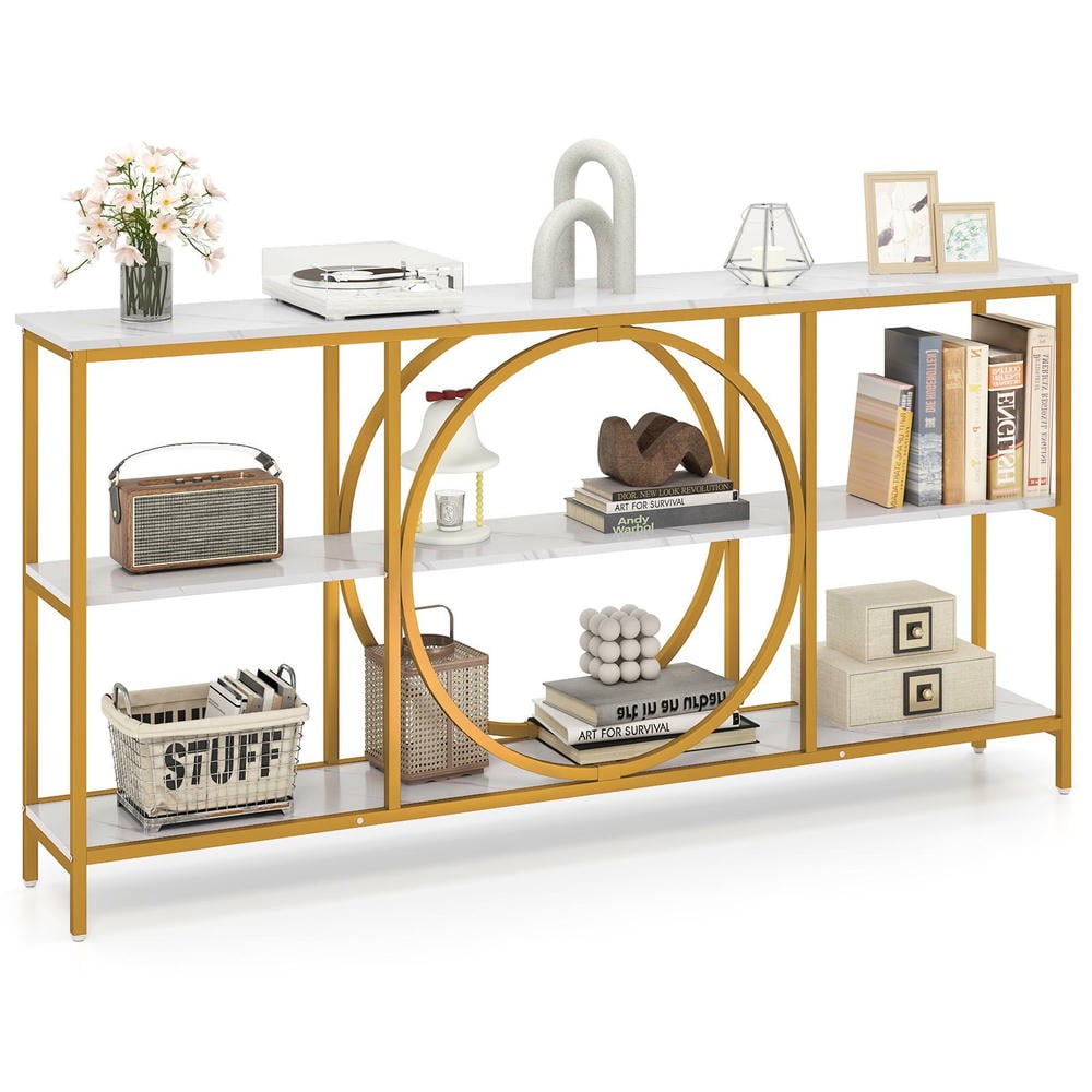 Barara King 3-Tier Console Desk Table with Faux Marble Top and Storage ...