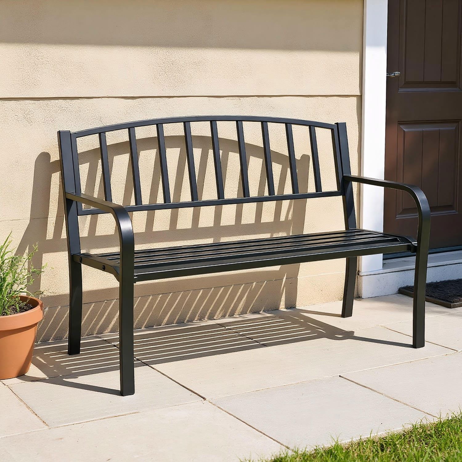Barara King 50 Inches Outdoor Steel Garden Bench with Hollow Slatted ...