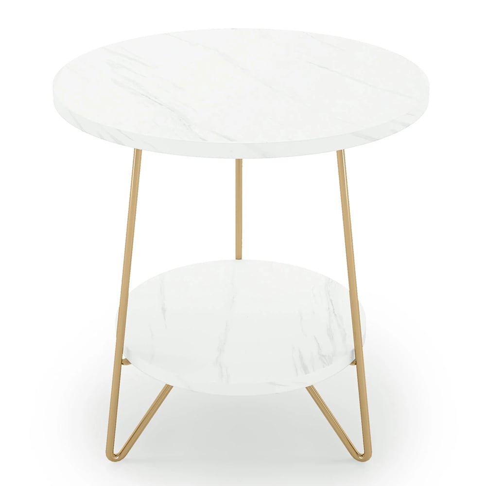 Barara King Faux Marble End Table, 2-Tier Round Sofa Bedside Table with ...