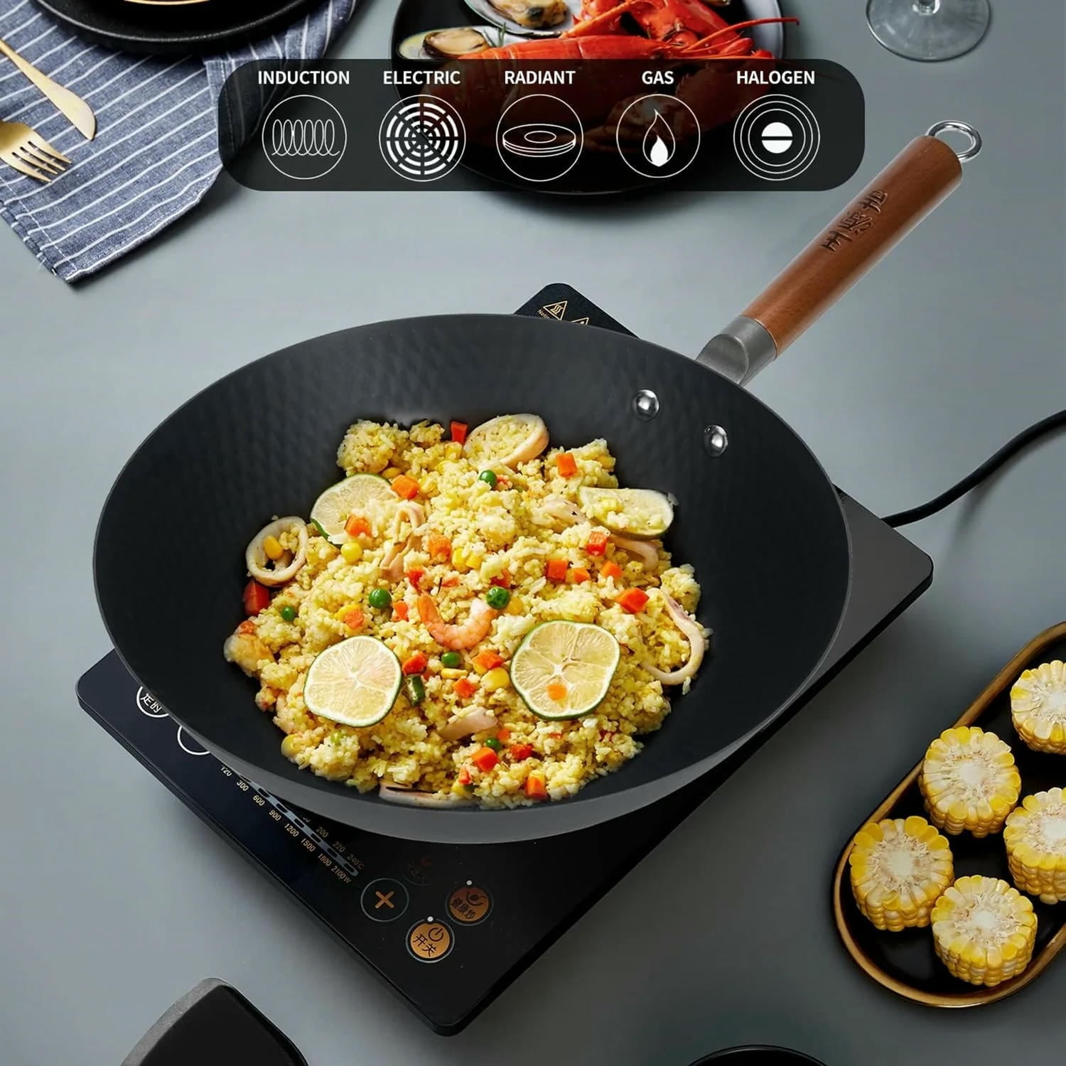 Barara King Iron Wok, 12.59" Lightweight Wok and Stir Fry Pan, Wooden ...