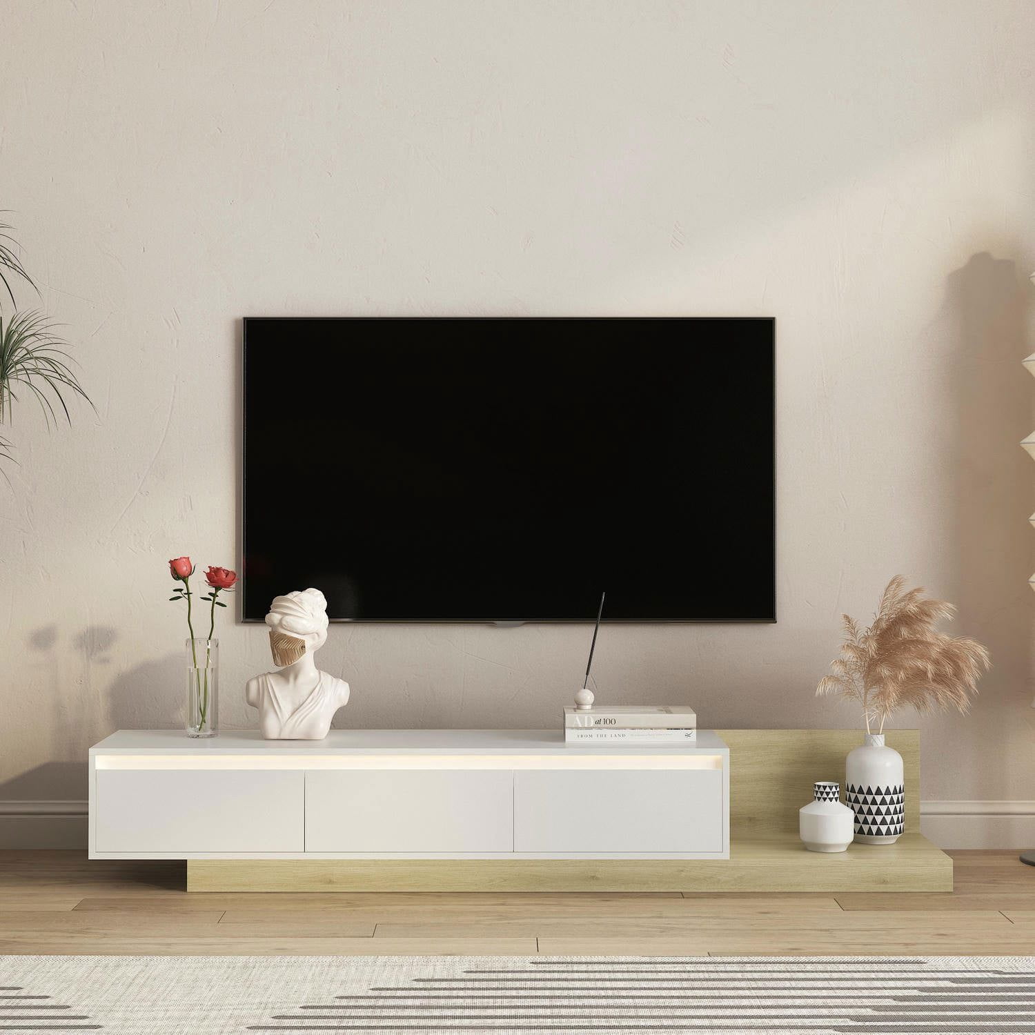 Barara King Modern TV Stand with LED Lights and Storage Compartments ...