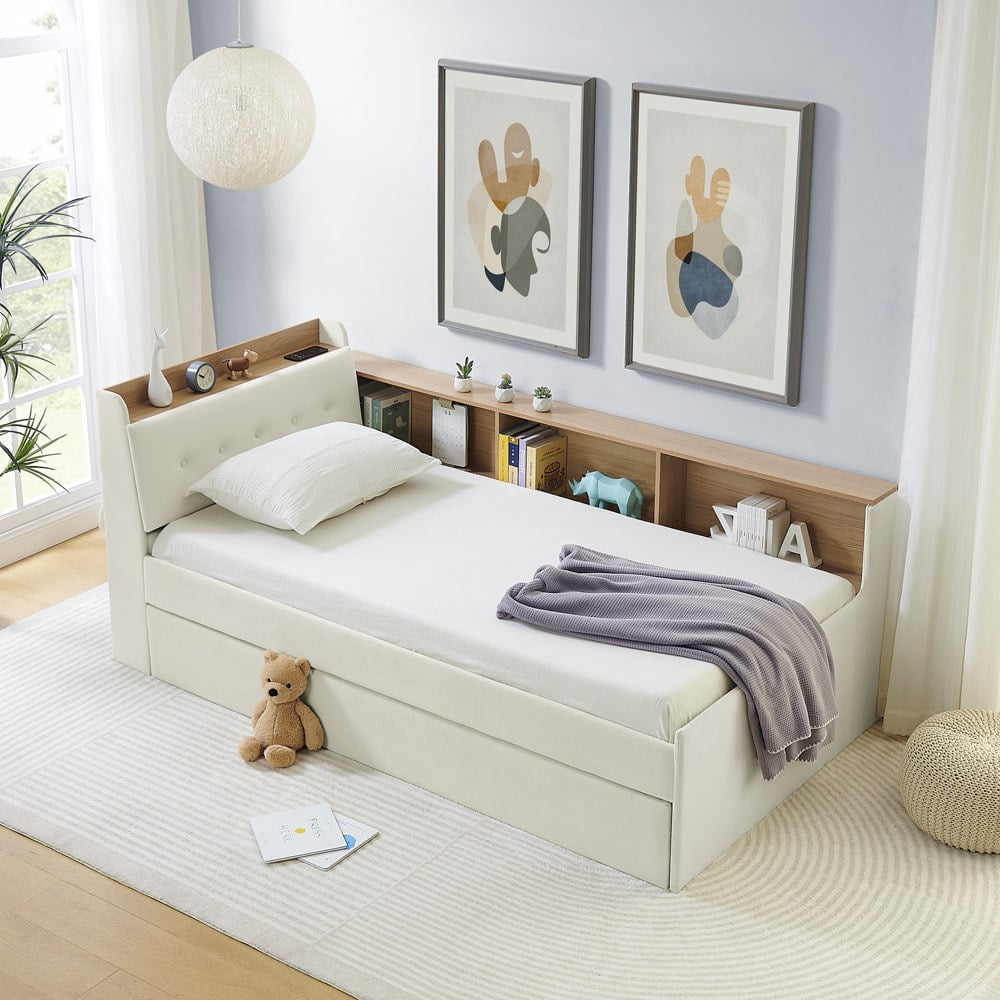 Barara King Multi-functional Velvet Day Bed with Trundle and Adjustable ...