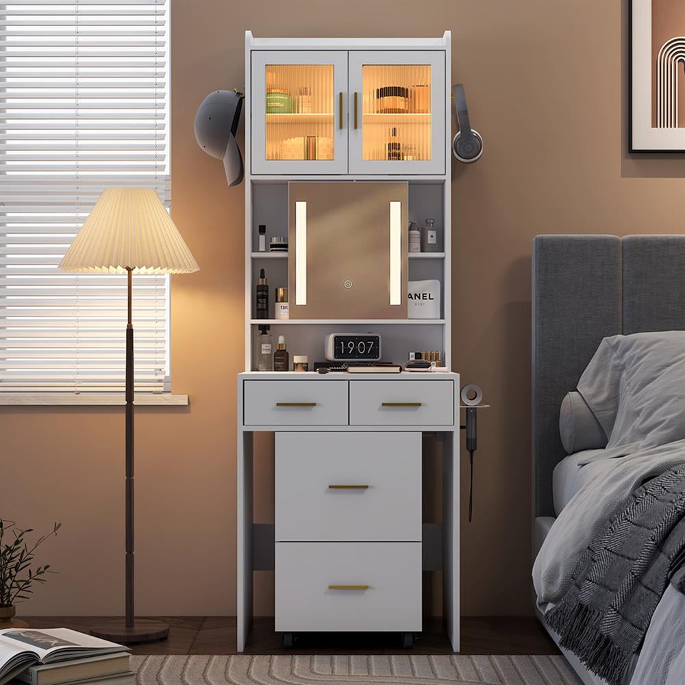 Barara King Vanity Table and Chair Set,Vanity Desk with Sliding Mirror ...