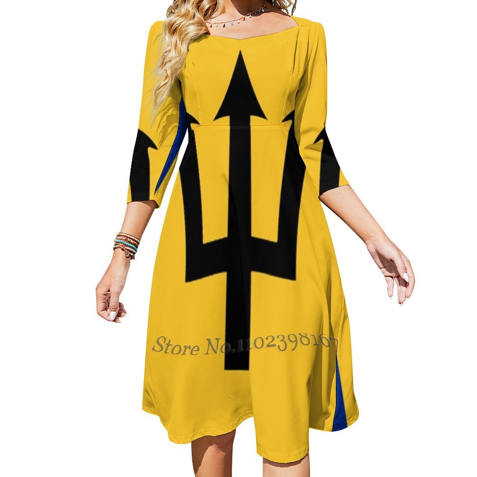 Barbados Flare Dress Square Neck Dress Elegant Female Fashion Printed ...