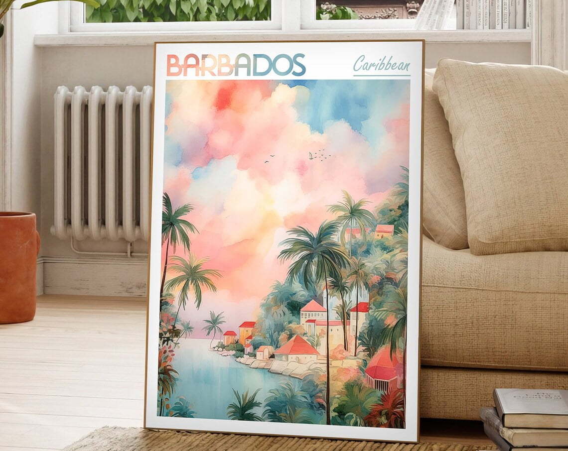 Barbados Island Watercolor Poster - Caribbean Wall Art - Barbados Beach ...