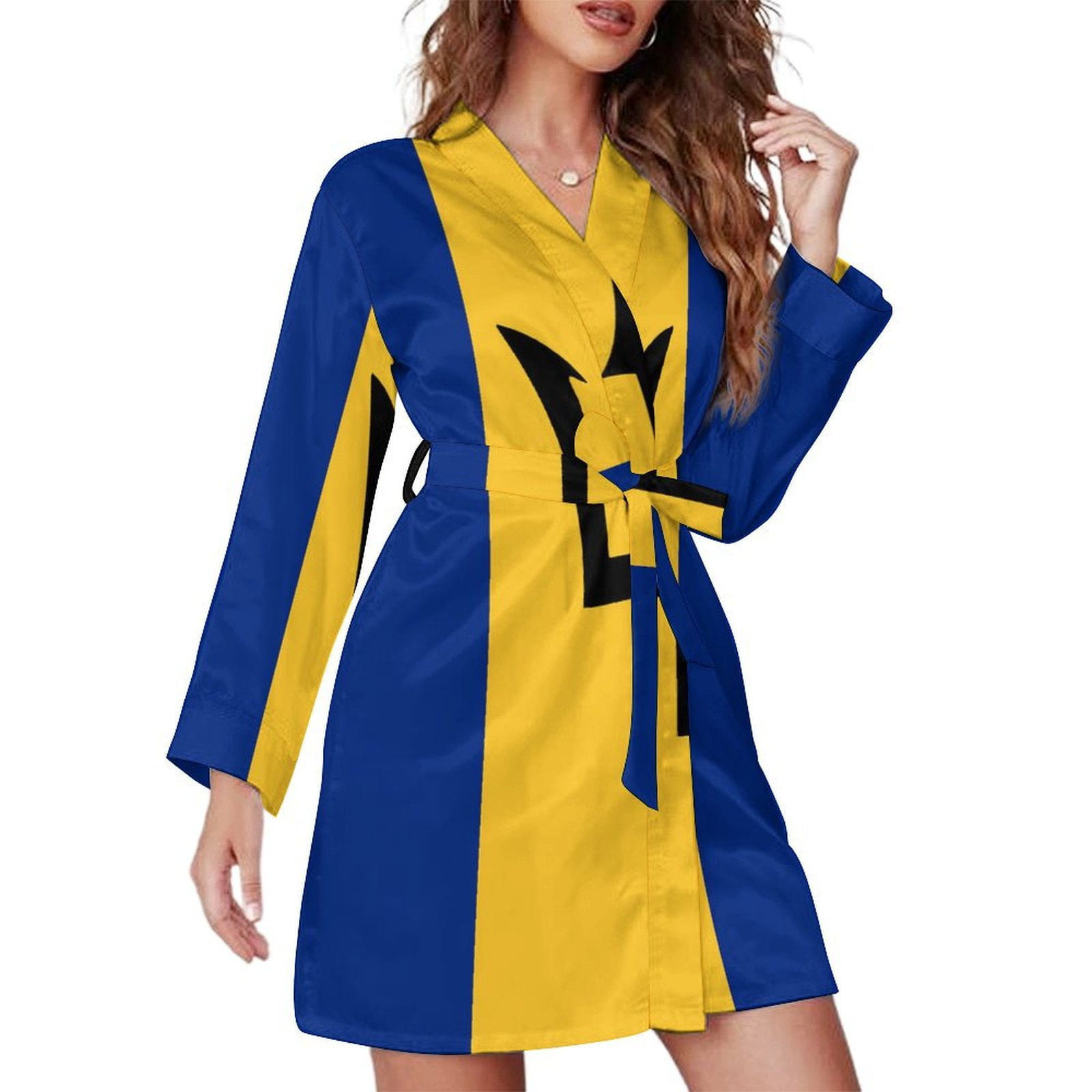 Barbados National Flag Night Robe Long Sleeve V Neck Robe With Belt ...