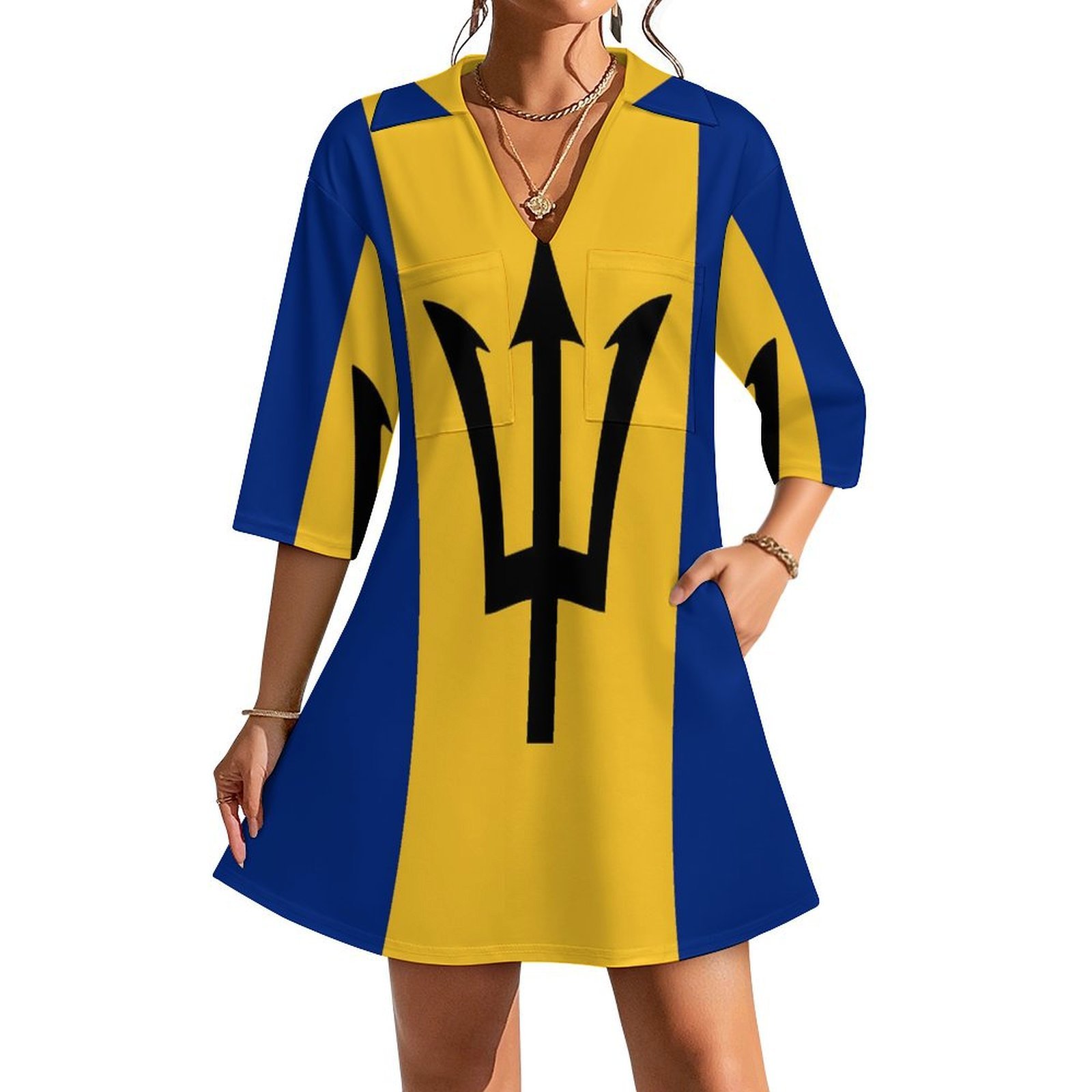 Barbados National Flag Womens Dress With Pockets Summer V Neck 3/4 ...
