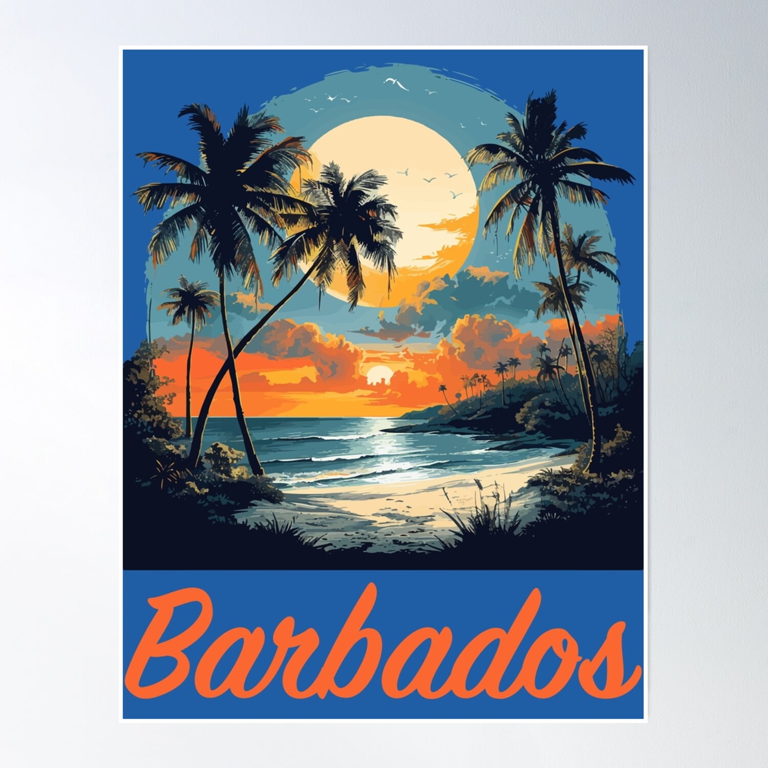 Barbados Sunset (With Orange Lettering) Poster Wall Art, Modern Wall ...