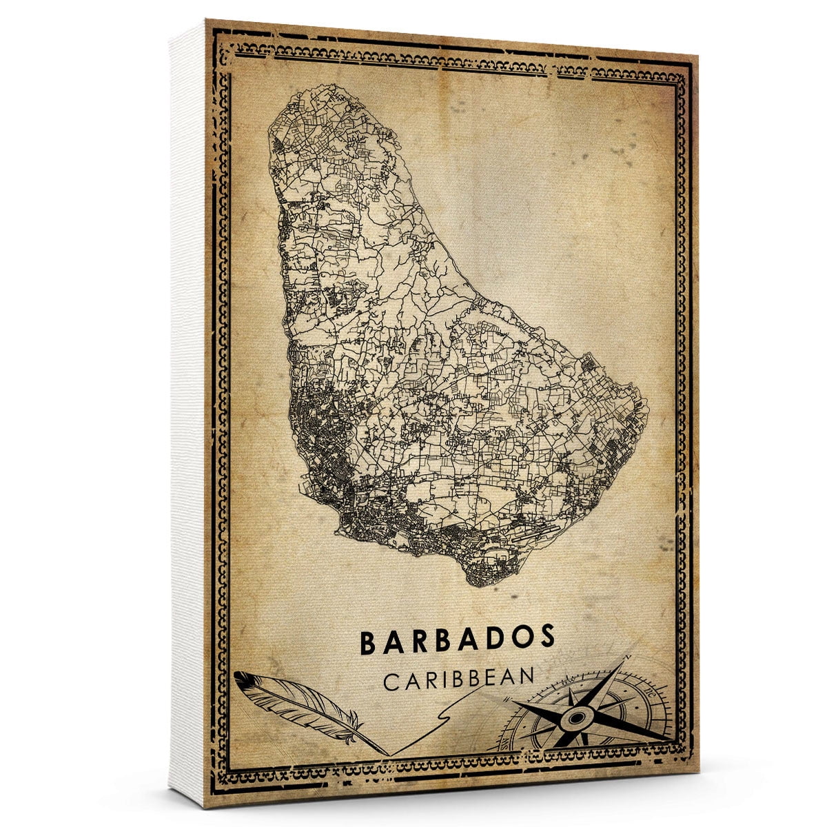 Barbados Vintage Map Prints Canvas, Caribbean Map Art Canvas, Canvas ...