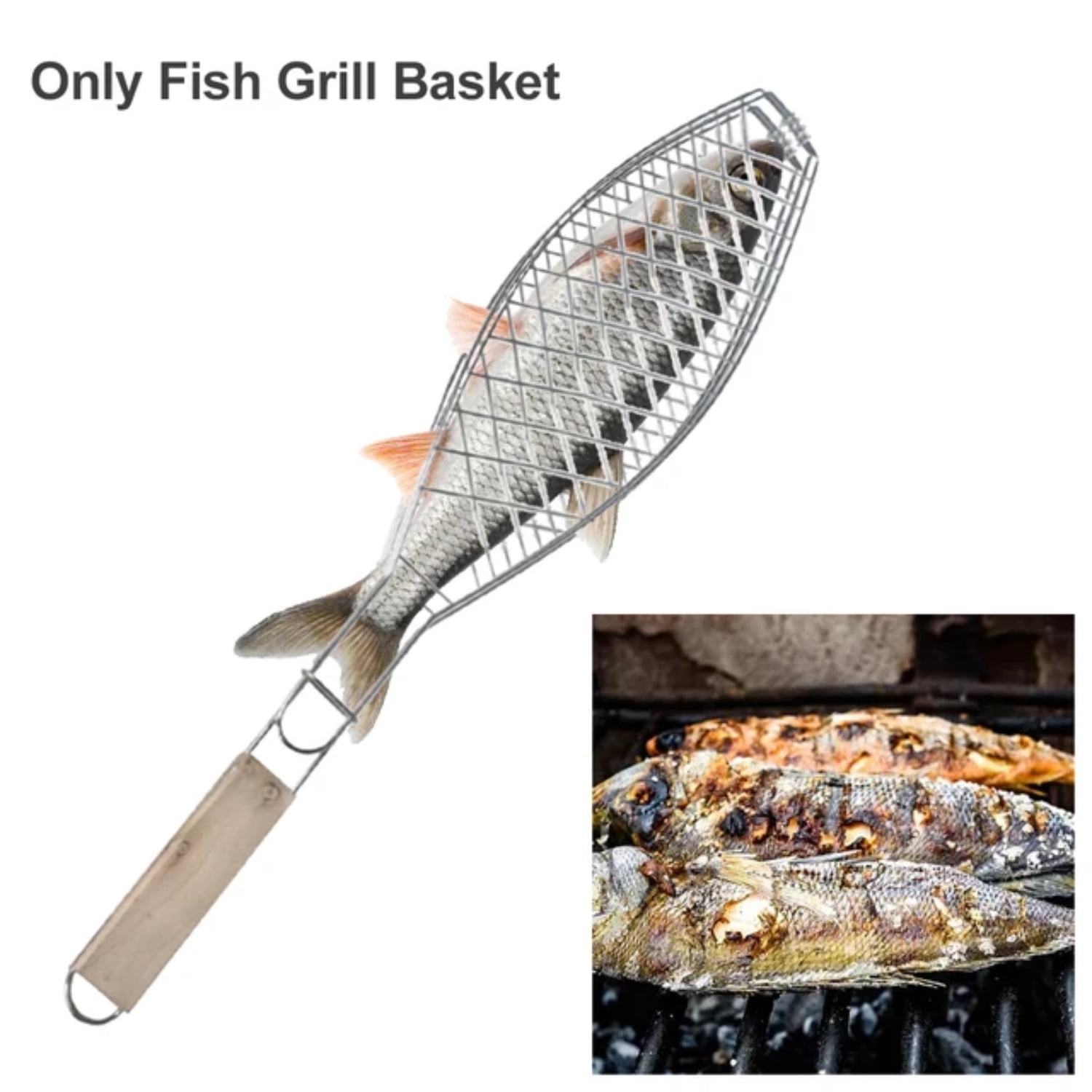 Barbecue Fish Grill Basket Stainless Steel Wired Grill with Wooden ...