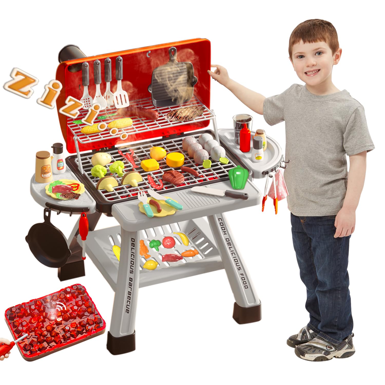 Barbecue Grill Toy Set, Kids BBQ Grill Playset with Smoke Sound Light ...