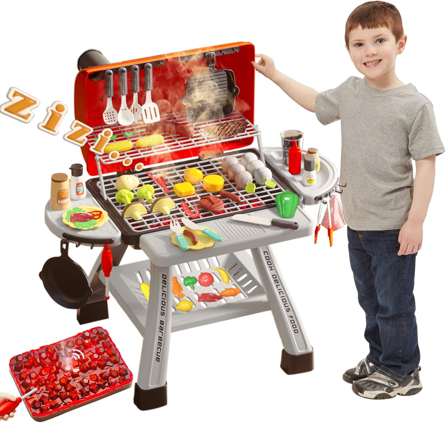 Barbecue Grill Toy Set, Kids BBQ Kitchen Playset with Smoke Sound Light ...