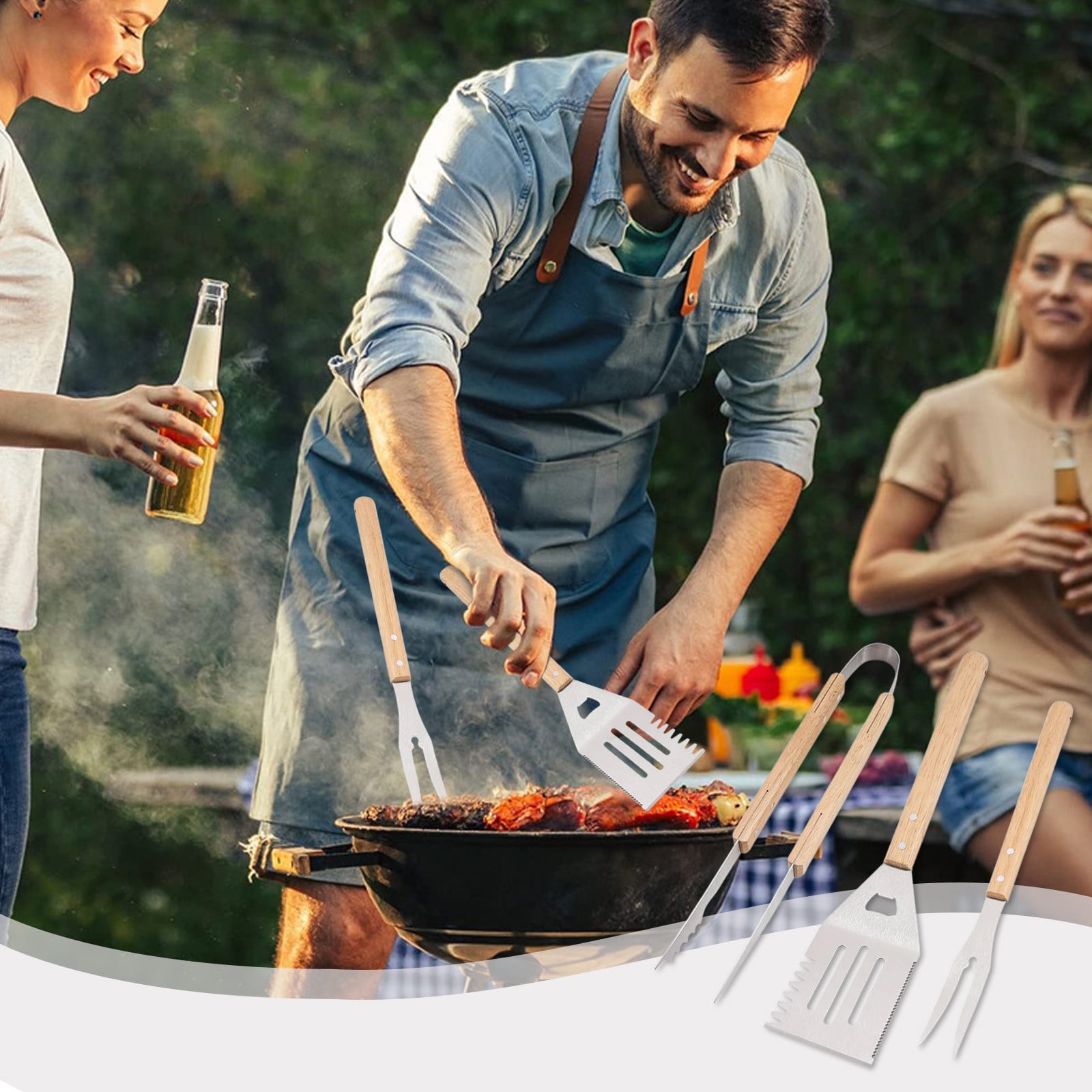 Barbecue Grilling Utensils Set 3-Piece Stainless Steel Tools | Wood ...