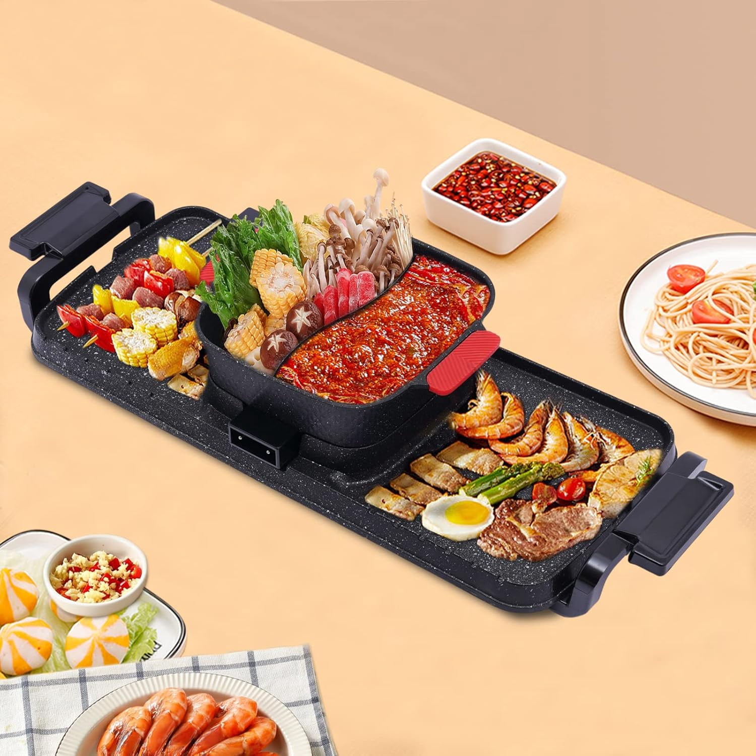 Barbecue Hot Pot 2 In 1, 2200W Indoor Electric Korean BBQ, Hot Pot W ...