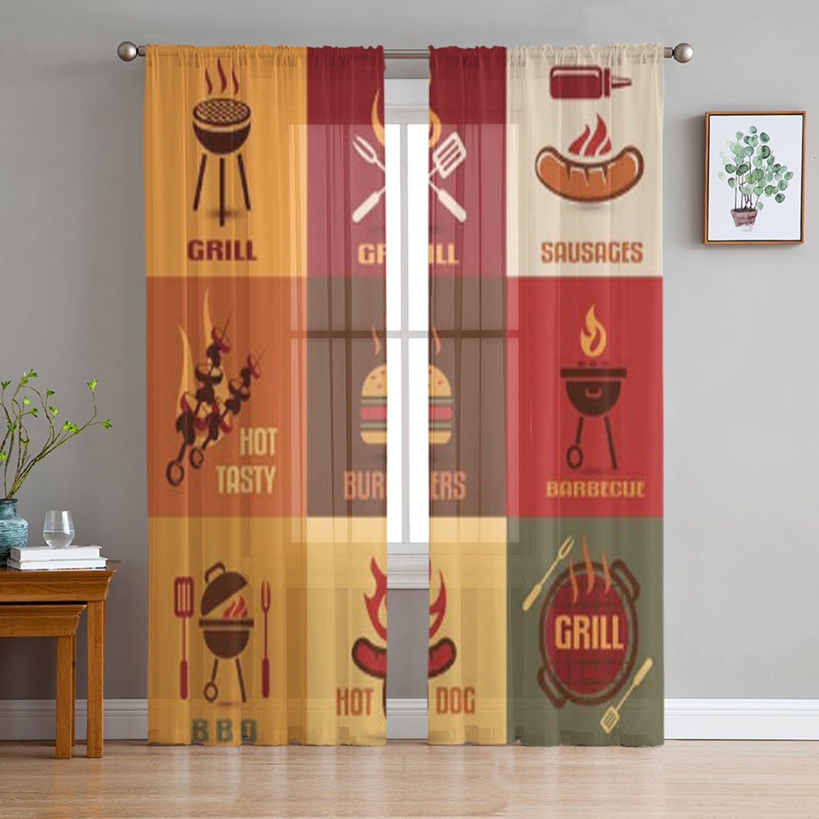 Barbecue Icons Fast Food BBQ Vintage Emblems Tulle Sheer Curtains for Living Room Kitchen ration ...