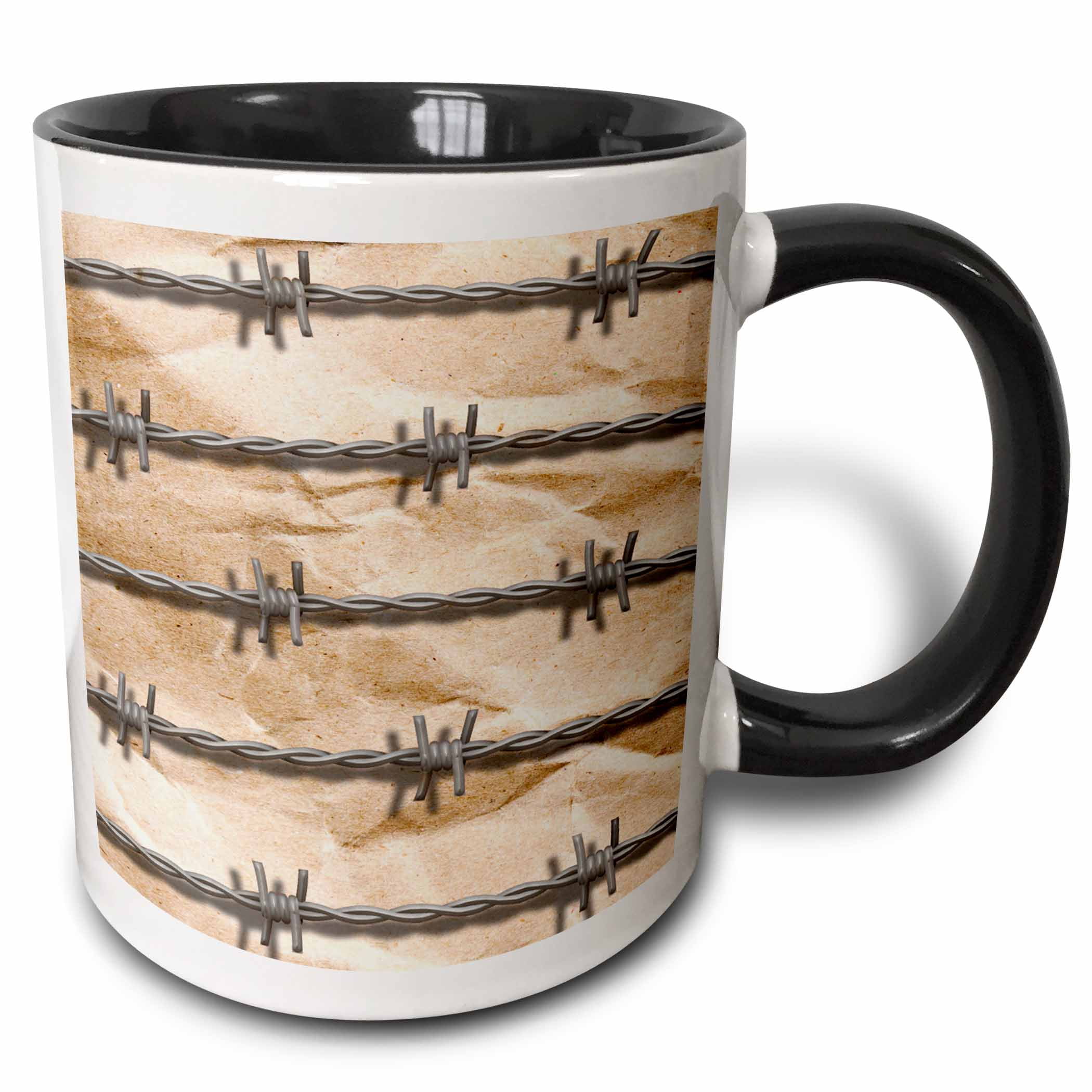3drose, Barbed Wire on Crumpled Paper Print, 15oz Two-tone Black Mug ...