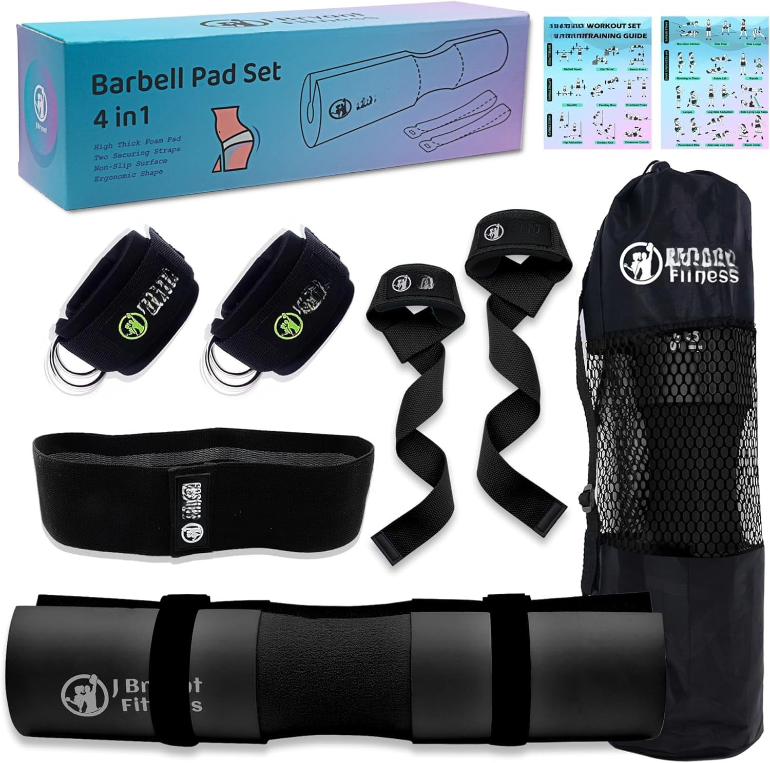 Barbell Pad Set with 2 Ankle Straps for Machines Resistance Band Weight ...