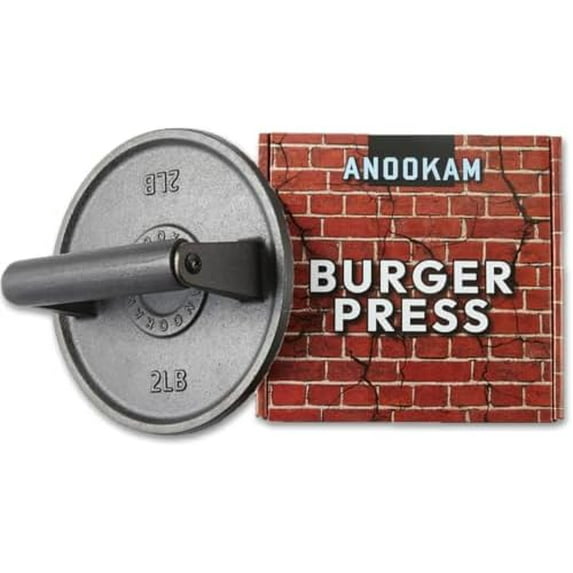 Barbell Plate Design Cast Iron Burger Press 6.5" Round Heavy-Duty Smash ...