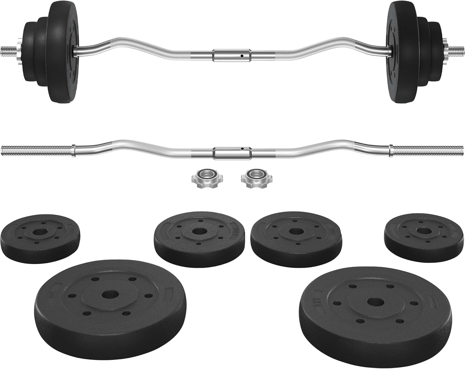 Barbell Weight Set - Curl Bar & 6 Weights & 2 Barbell Clamps for Lifts ...