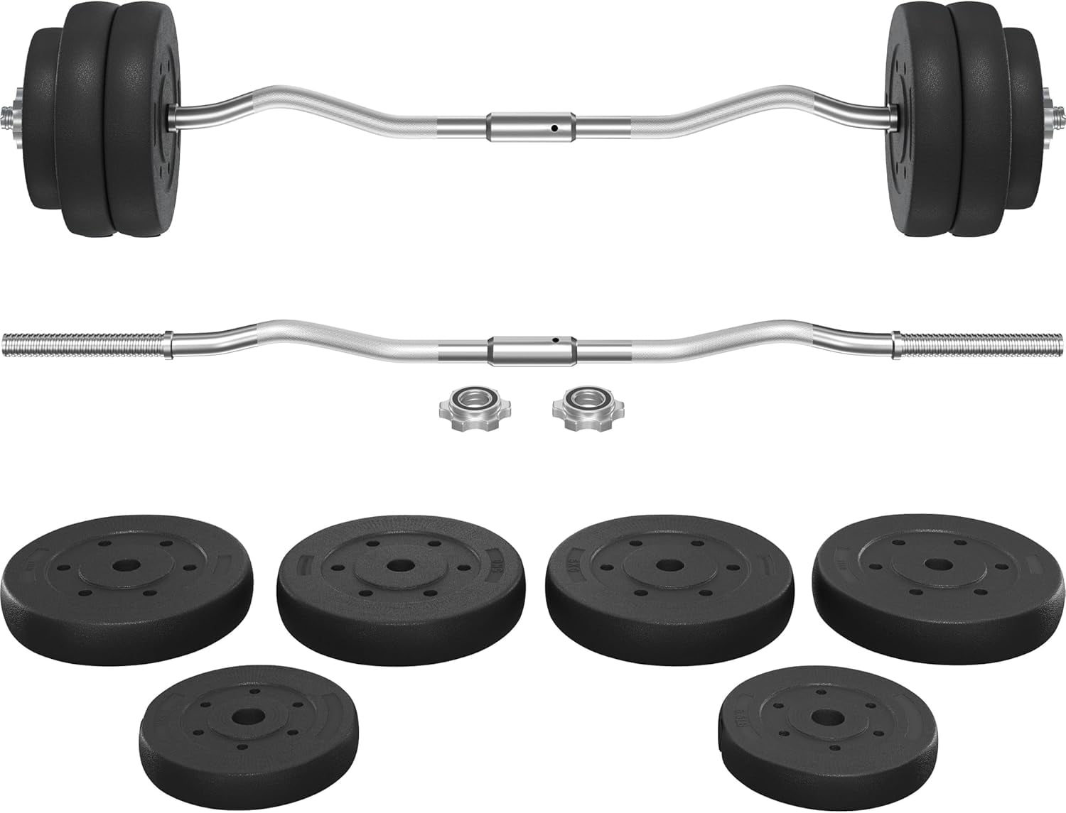 Barbell Weight Set - Curl Bar & 6 Weights & 2 Barbell Clamps for Lifts ...
