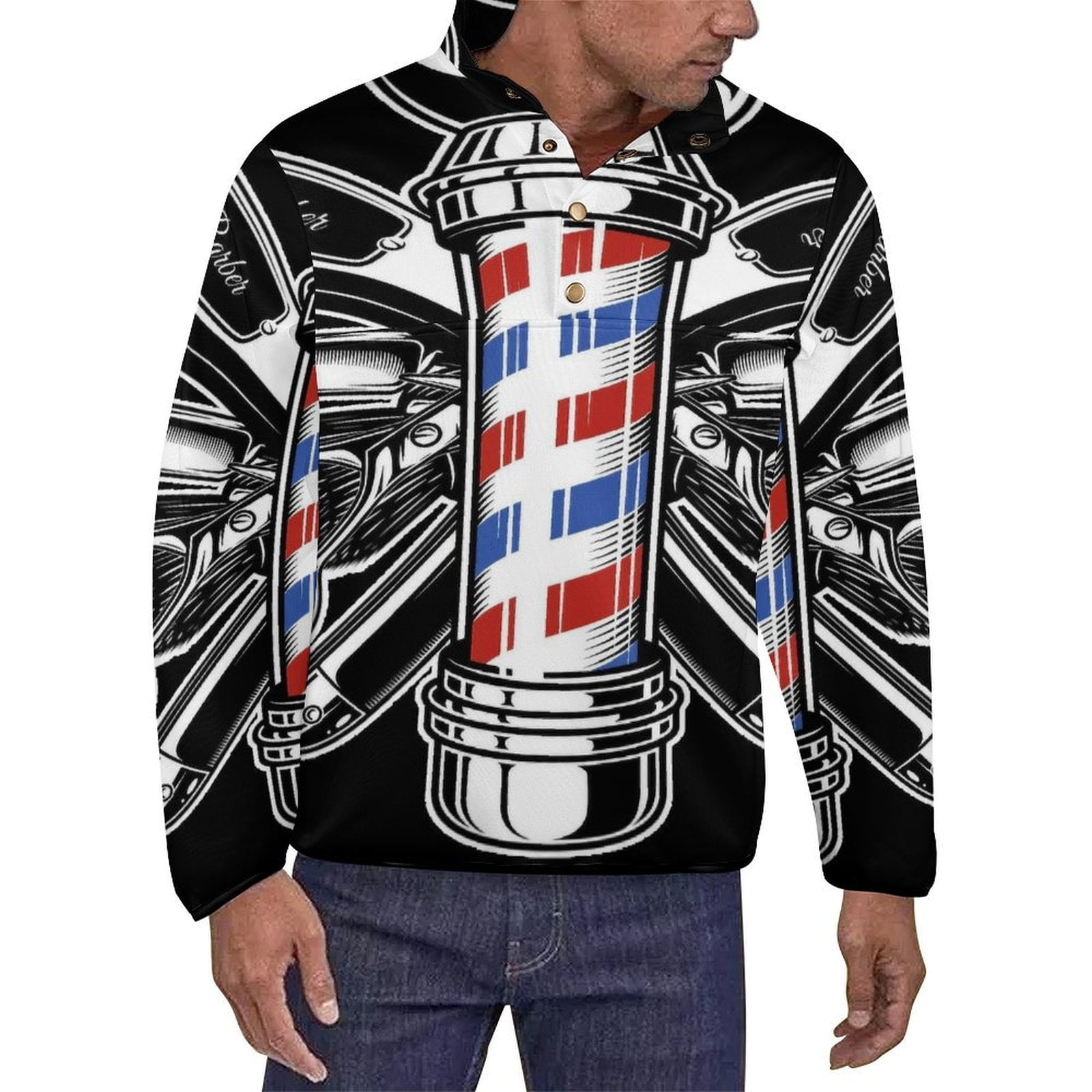 Barber Shop Men's Stand Collar Sweater Long Sleeve Clothing Loose Fit ...