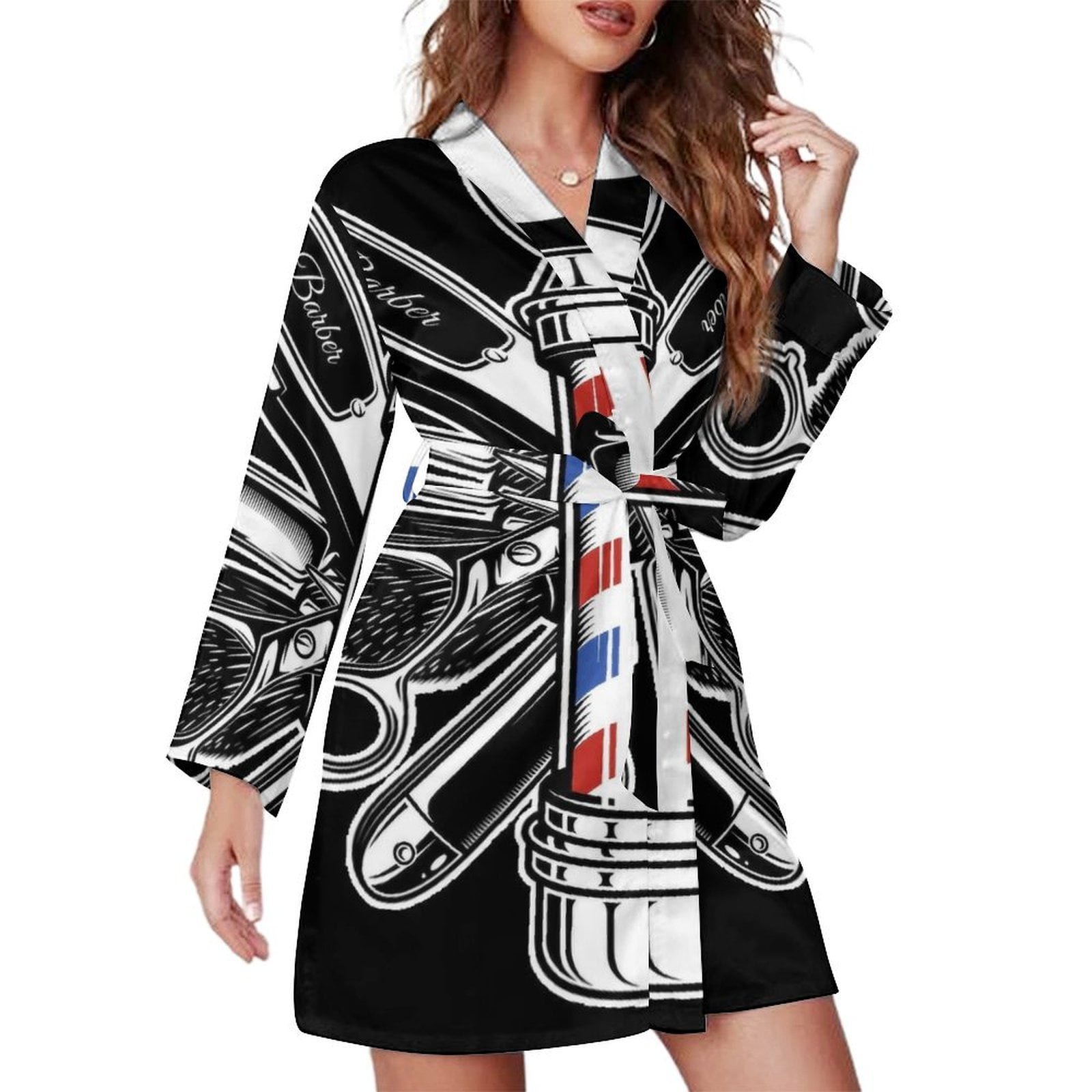 Barber Shop Night Robe Long Sleeve V Neck Robe With Belt Women's ...