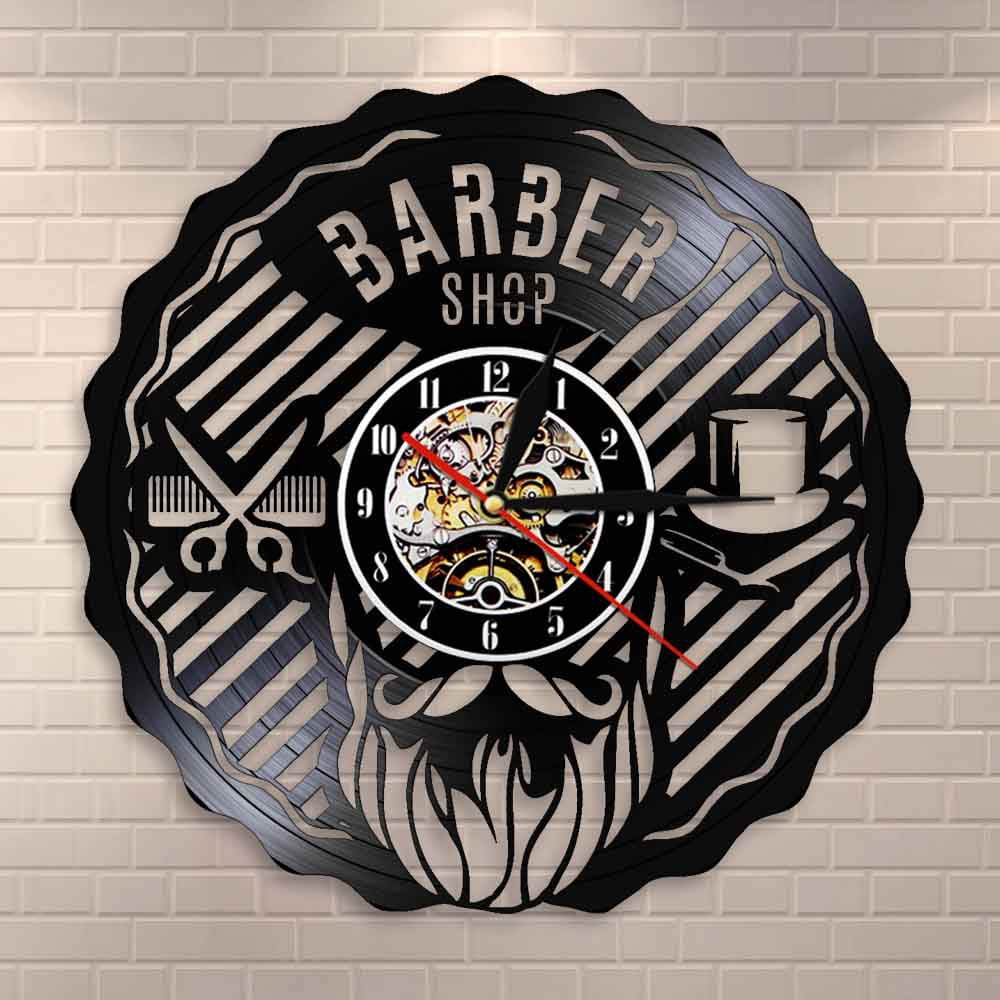 Barber Shop Sign Wall Decorative Clock Mustache Gentleman Hairdresser Toolkit Vintage Vinyl ...