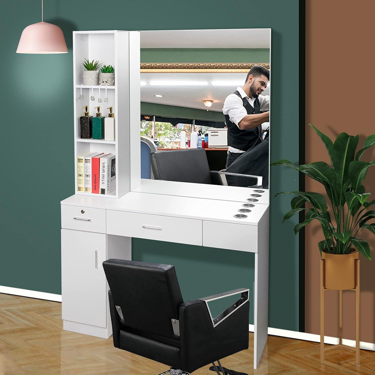 Barber Station with Mirror, Hair Salon Station for Hair Stylist, Wall ...