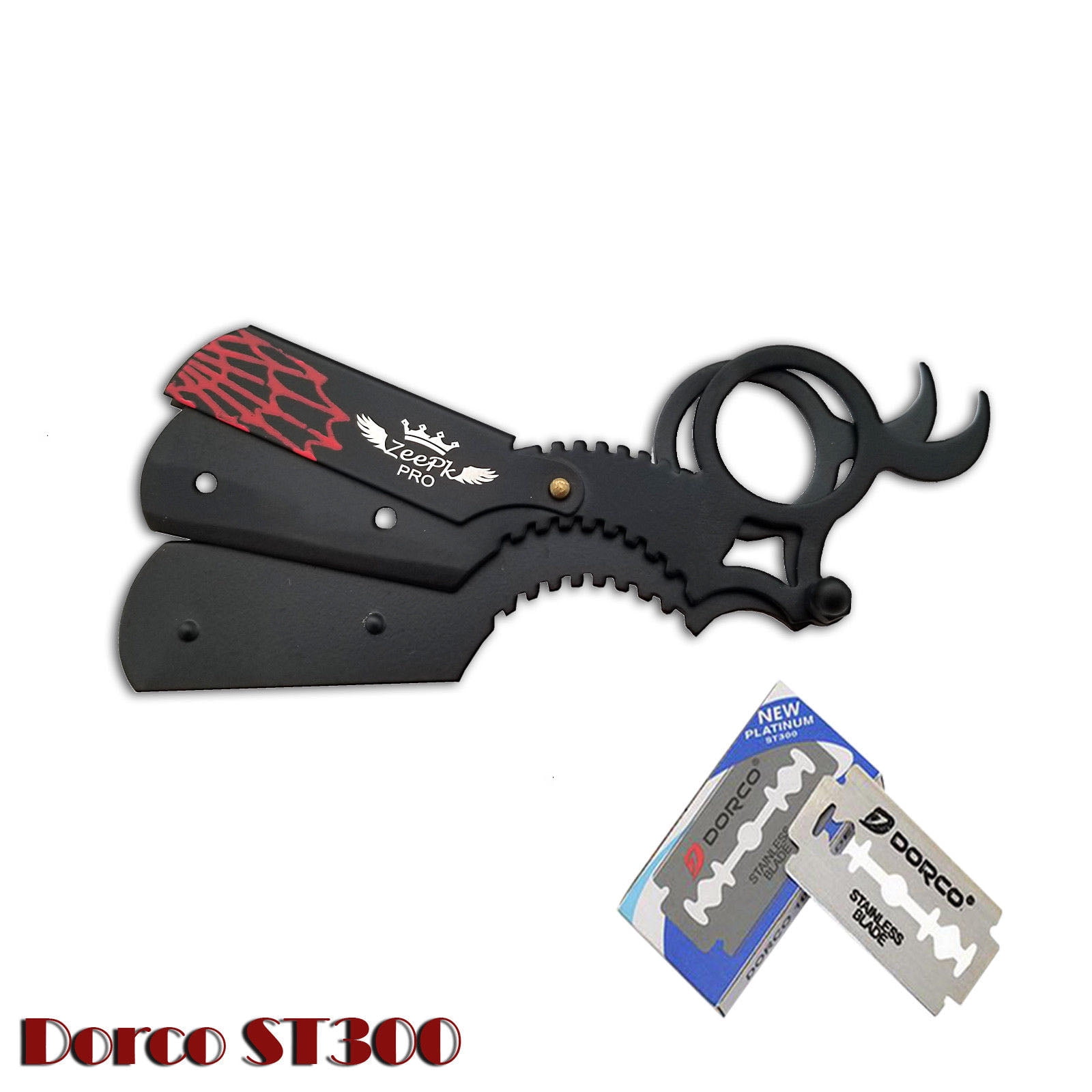 Barber Straight Edge Finger Insert Handle Shaving Razor Black Red ...