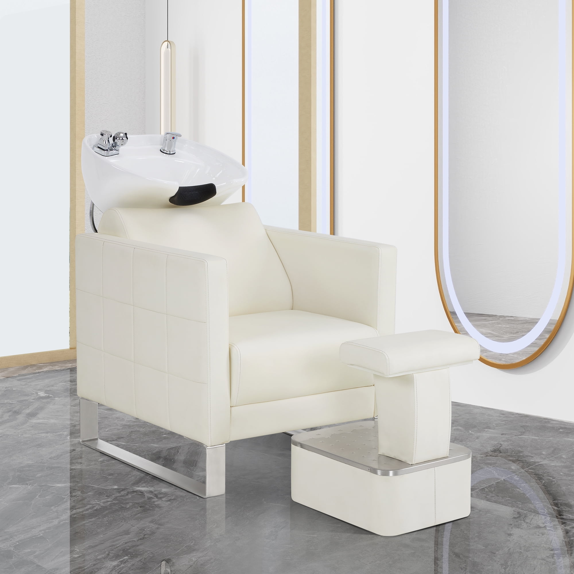 BarberPub Backwash Shampoo Ceramic Bowl and Chair Set, Adjustable Hair ...