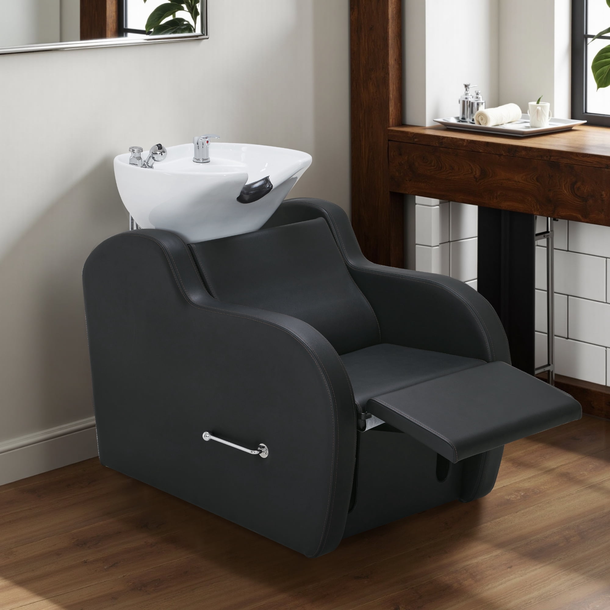 BarberPub Backwash Shampoo Unit, Adjustable Ceramic Bowl Sink and Chair ...