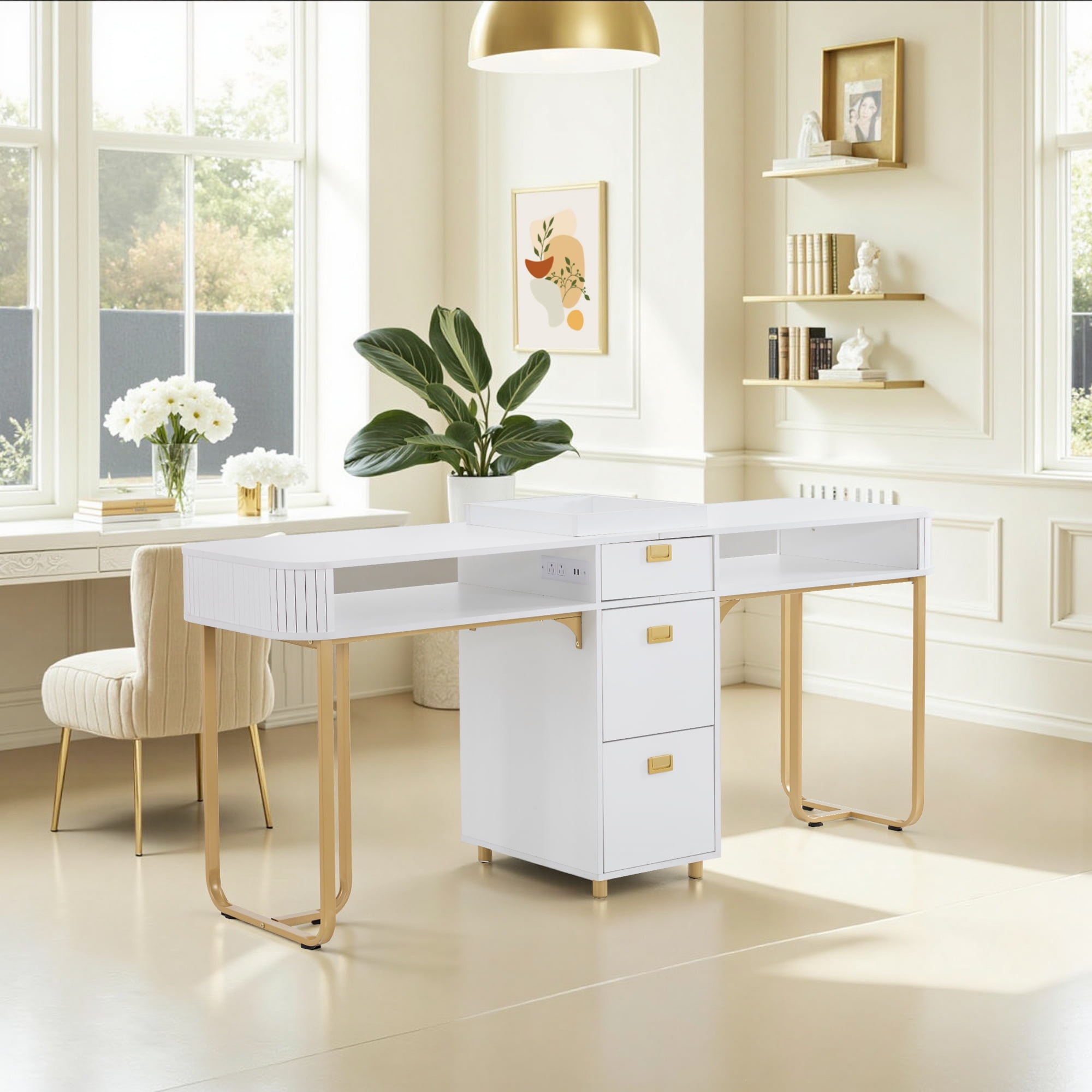 BarberPub Double Nail Desk, Manicure Table with Built-In AC Outlets ...