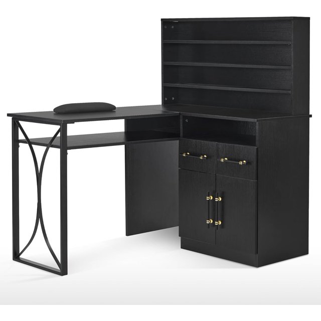 BarberPub L-shaped Manicure Table, Nail Desk with Storage, Efficient ...