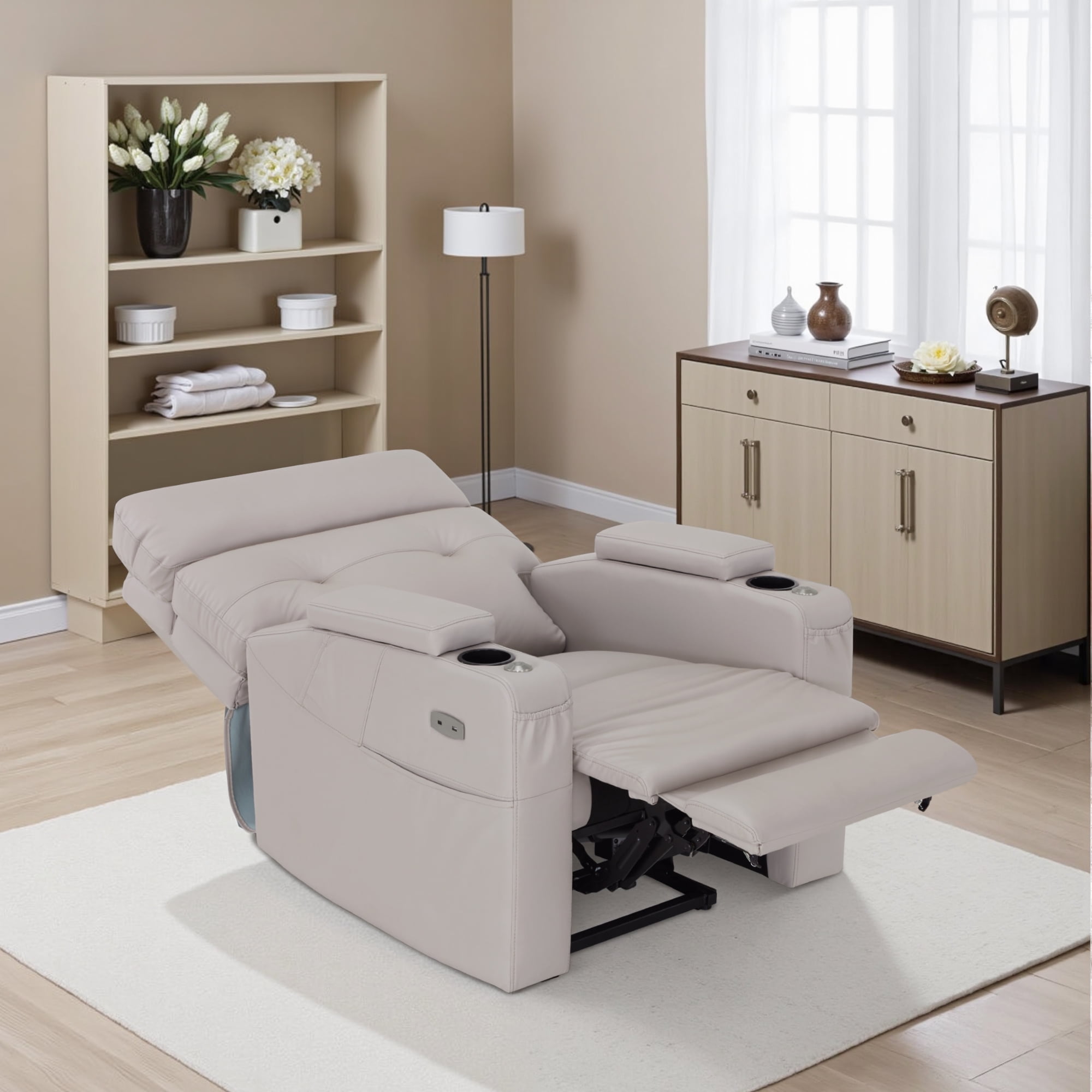 BarberPub Lay Flat Power Recliner with Hidden Arm Storage, Swivel Tray ...