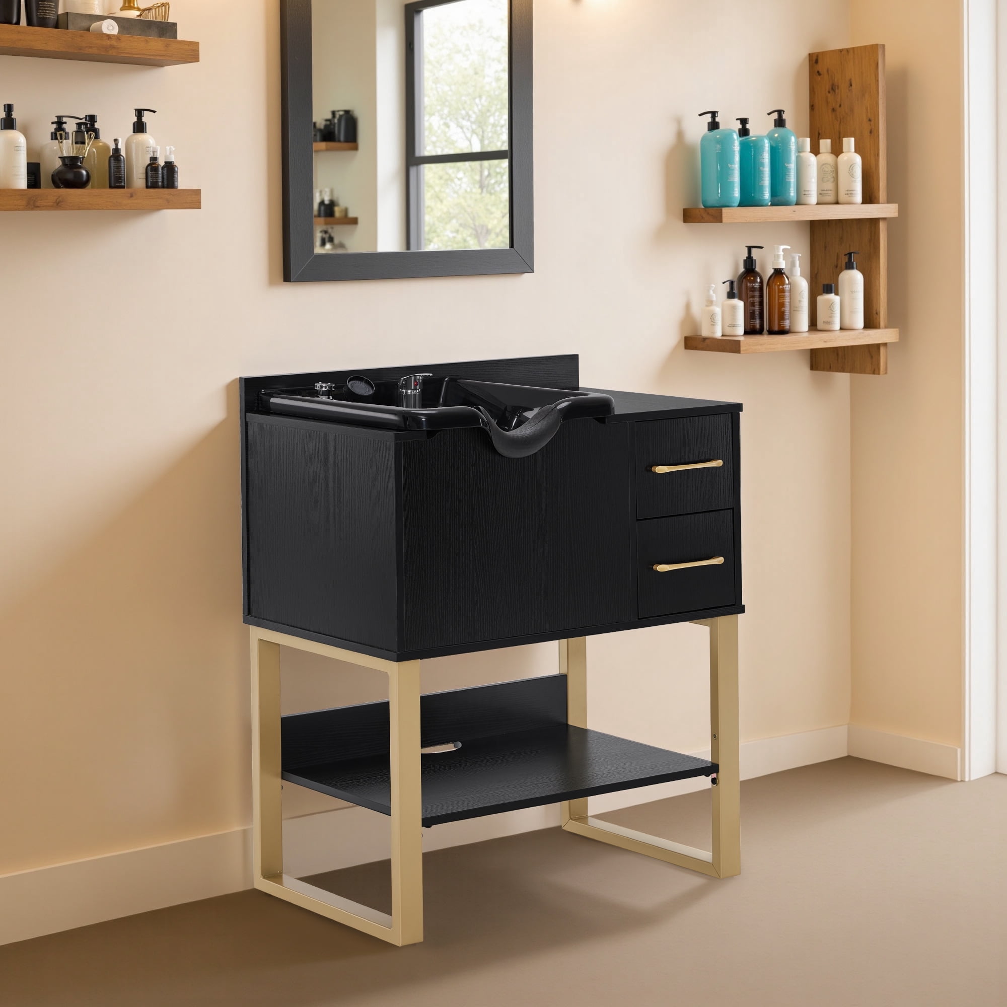 BarberPub Modern Salon Backwash Station with Bowl, Shampoo Cabinet with ...