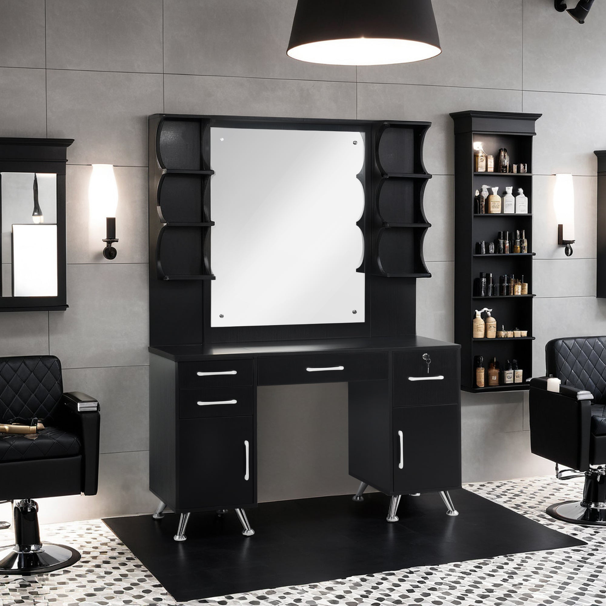 BarberPub Salon Desk Compact Vanity Set with Mirror, Storage Drawers ...