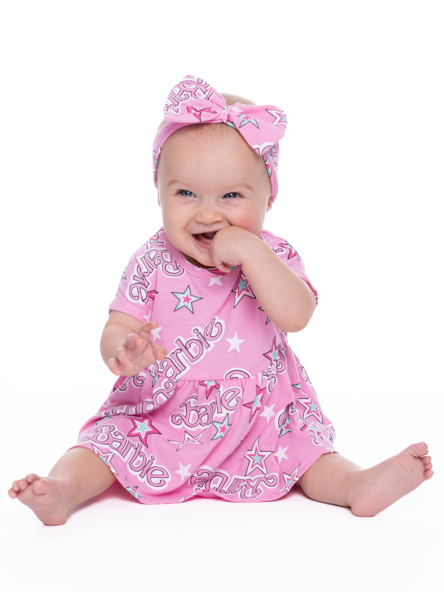 Barbie Baby Girls Print Dress with Diaper Cover and Bow Headband Set, 3 ...